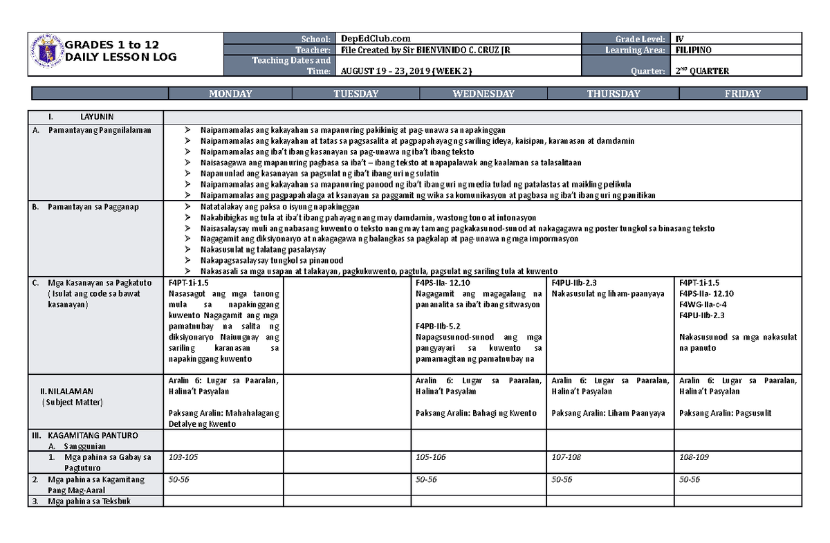 DLL Filipino 4 Q2 W2 - DAILY LESSON LOG - GRADES 1 to 12 DAILY LESSON ...