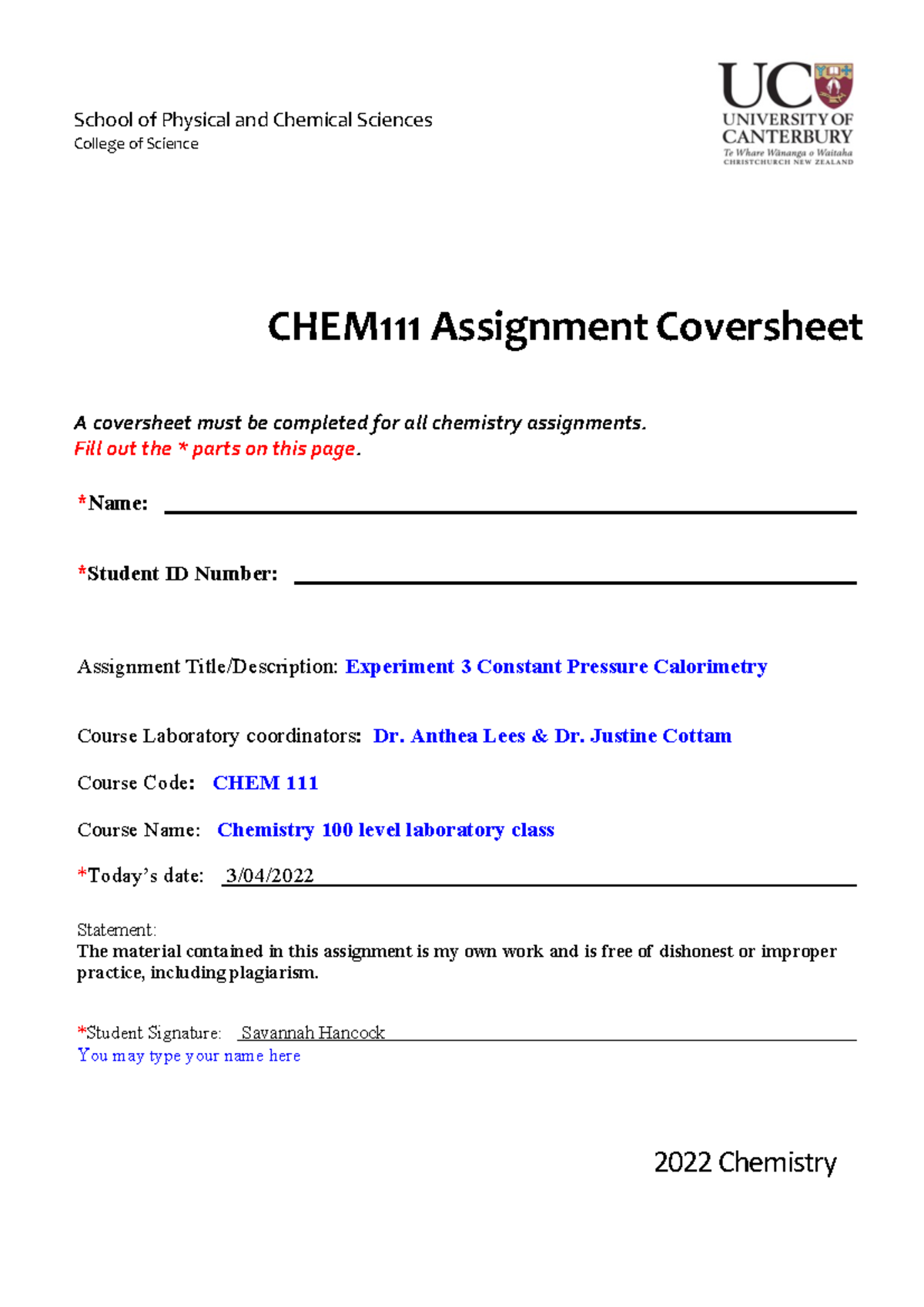CHEM111 Calorimetry Lab Exp 03 - School of Physical and Chemical ...