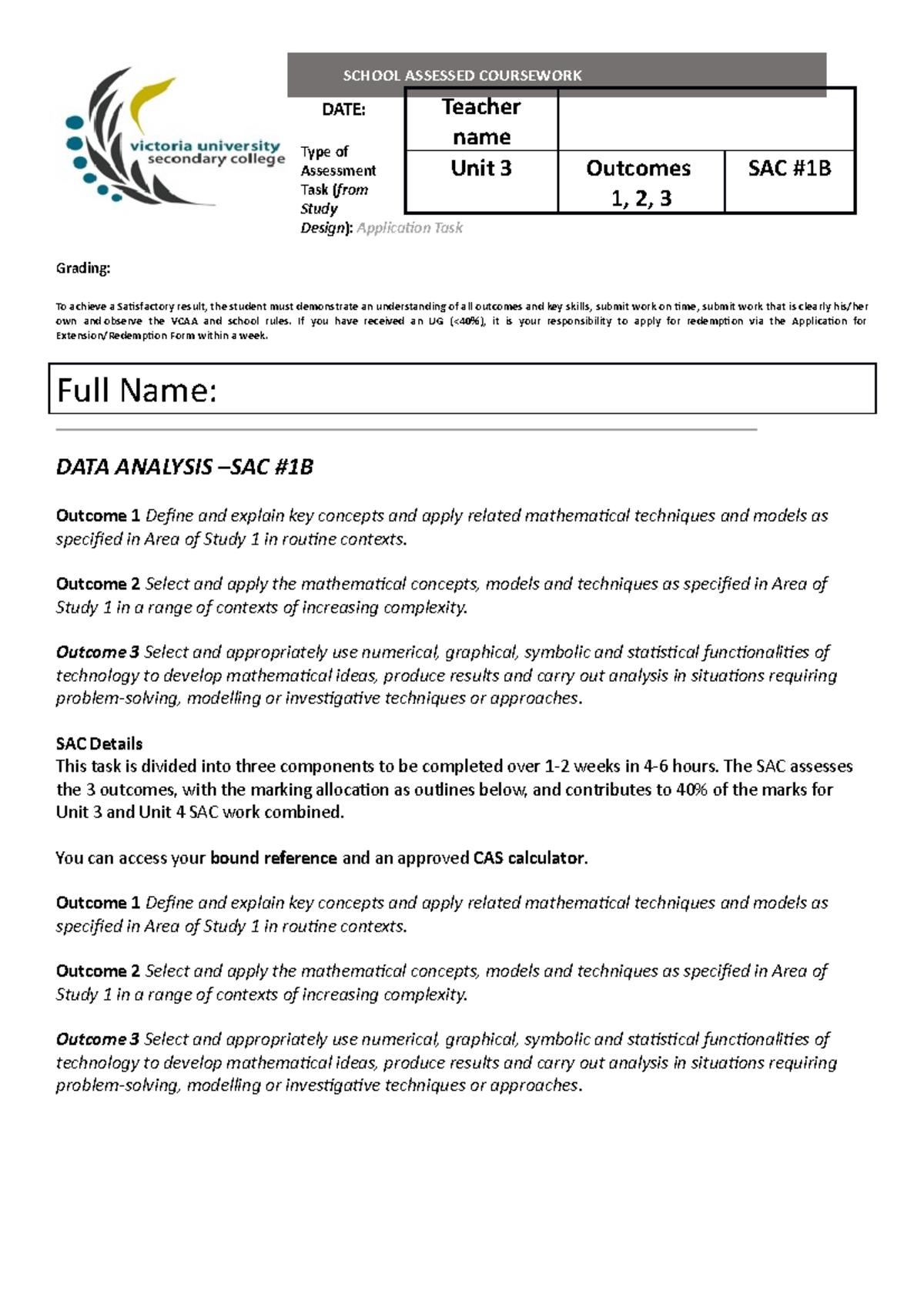 Topic 1B Practice SAC - DATE: Type of Assessment Task (from Study ...