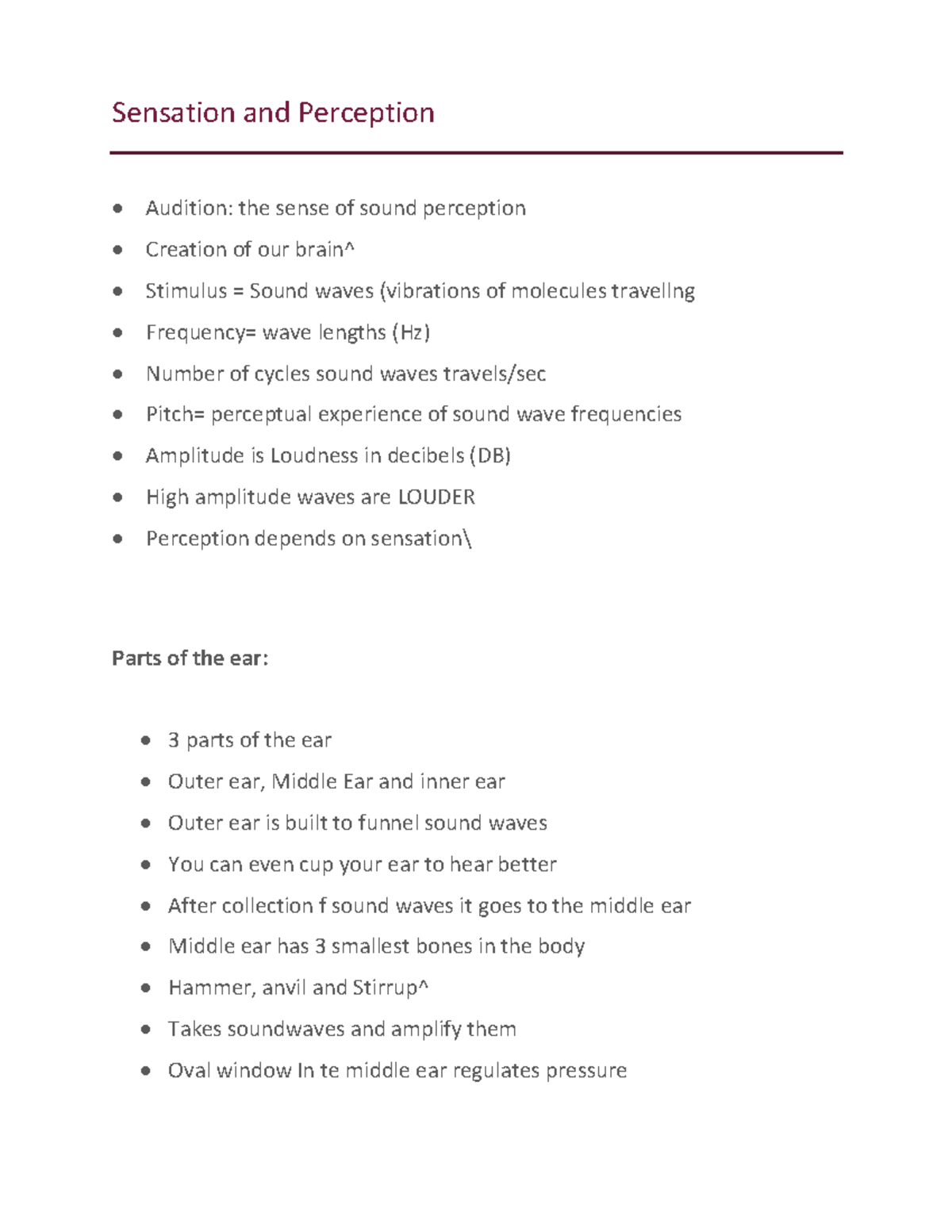 Psych 1001 B Lecture 5 Week 5 Notes - Sensation and Perception Audition ...