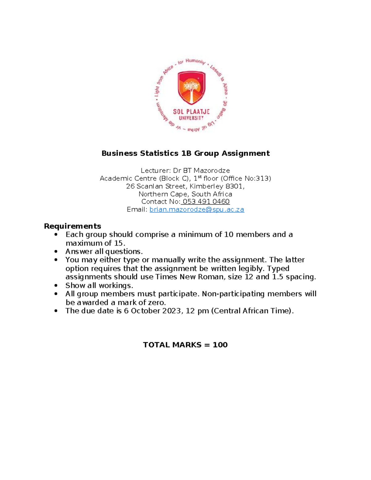 Business Statistics 1B Group Assignment - Business Statistics 1B Group ...