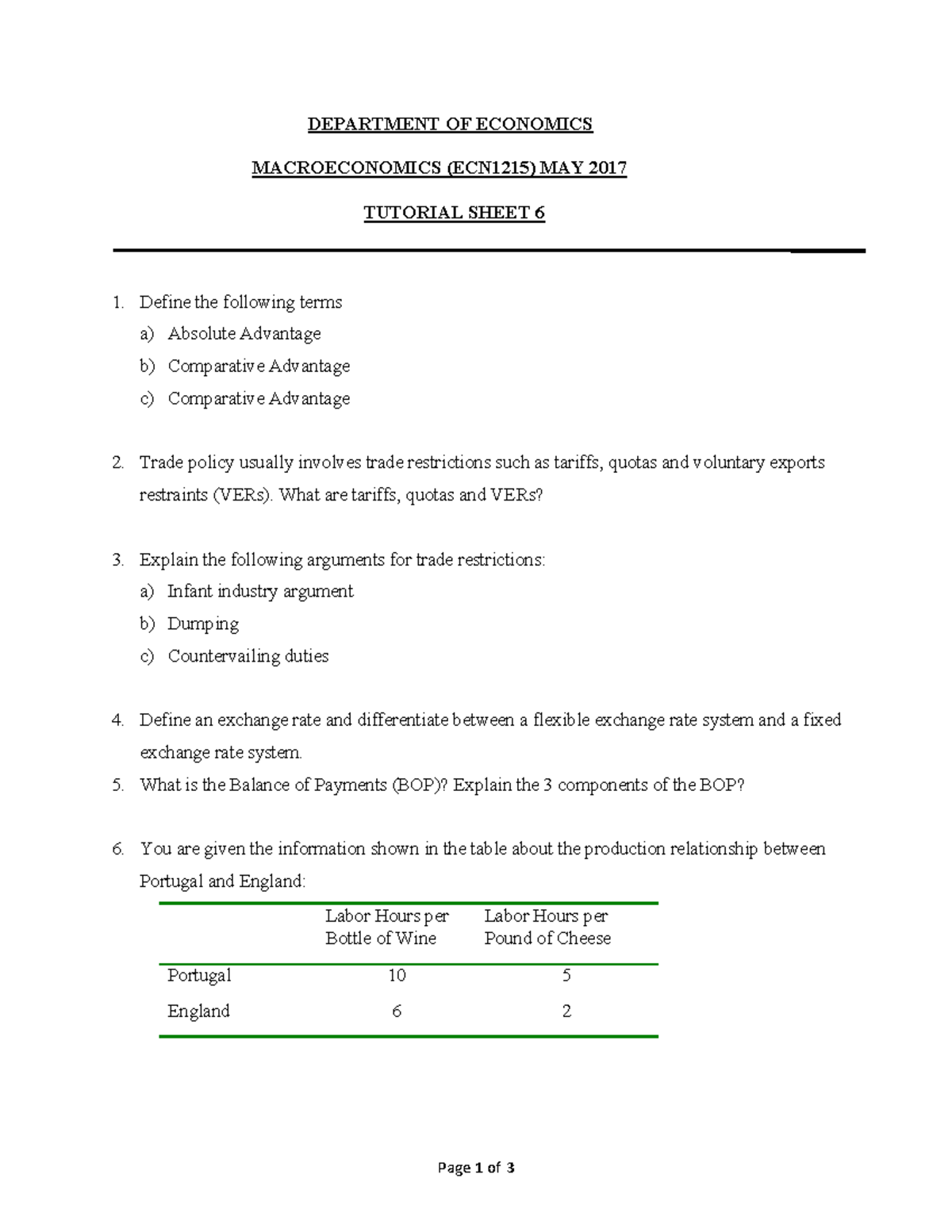 ECN 1215 Tutorial Sheet 6 - Page 1 of 3 DEPARTMENT OF ECONOMICS MACROECONOMICS (ECN1215) MAY ...