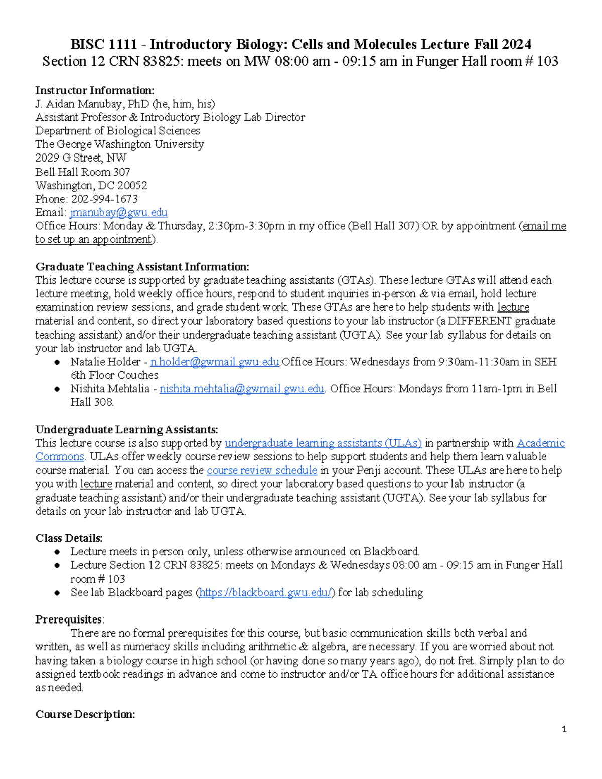 BISC1111 Section 12 Syllabus Fall 2024 1A - BISC 1111 - Introductory ...
