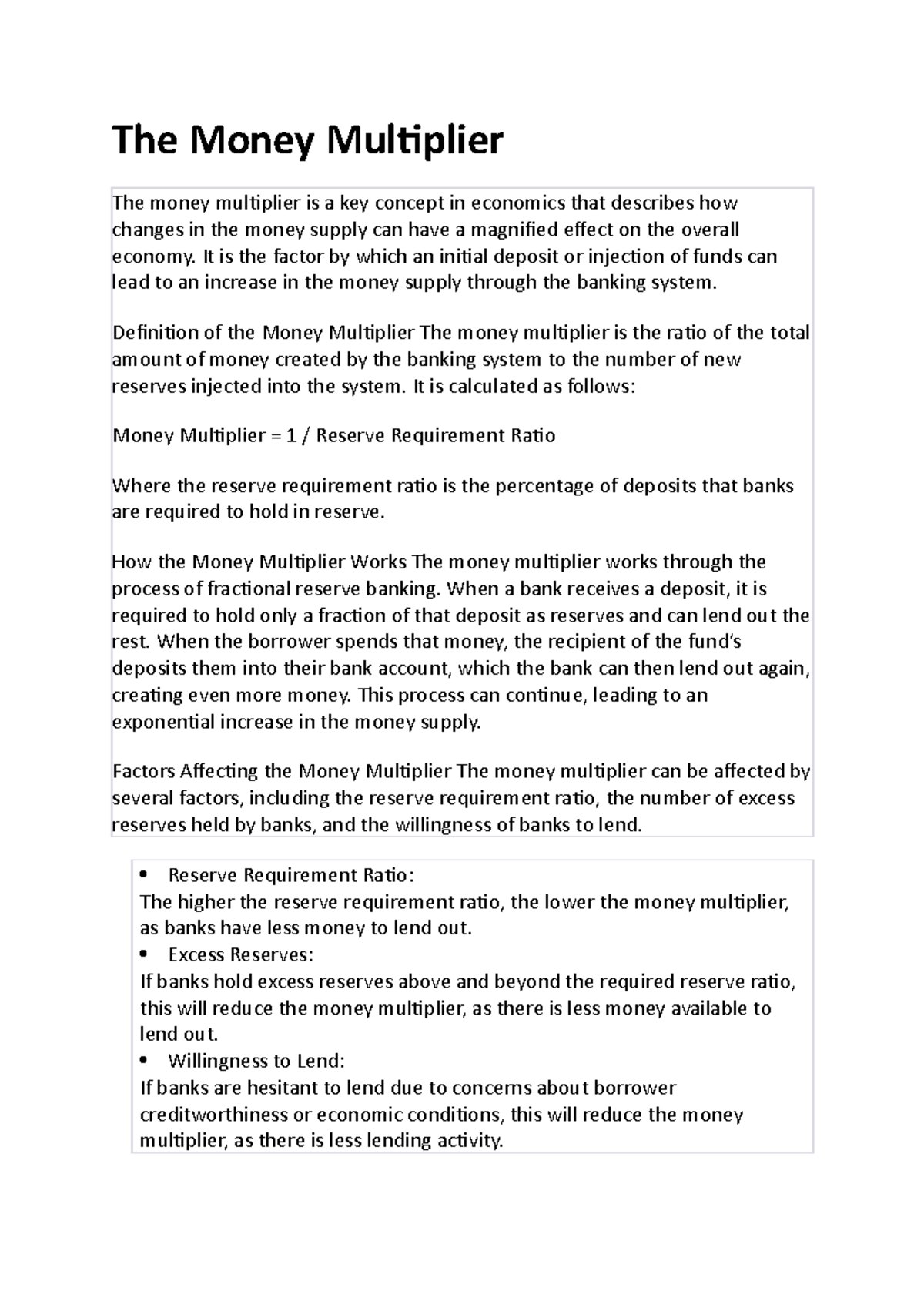 The Money Multiplier - It is the factor by which an initial deposit or ...