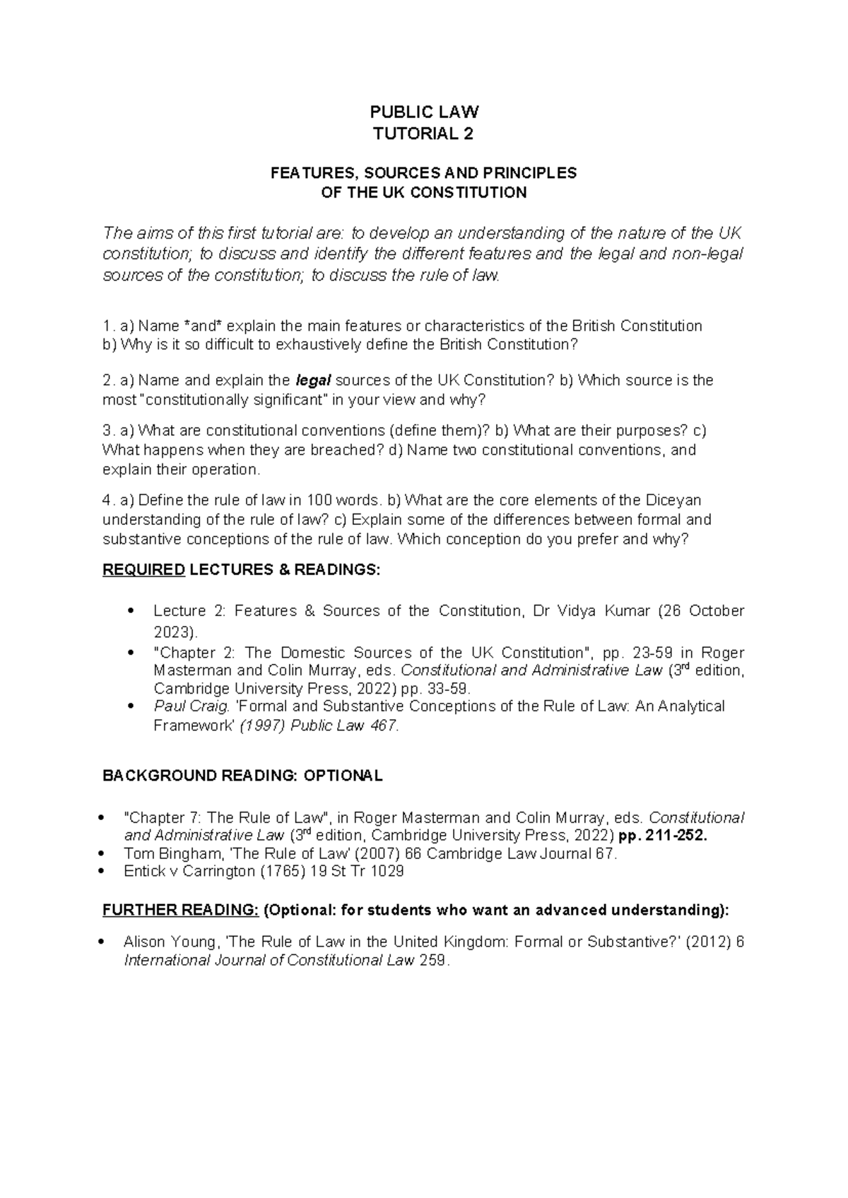 SOAS Public Law Tutorial 2 (2023-2024) - PUBLIC LAW TUTORIAL 2 FEATURES, SOURCES AND PRINCIPLES ...