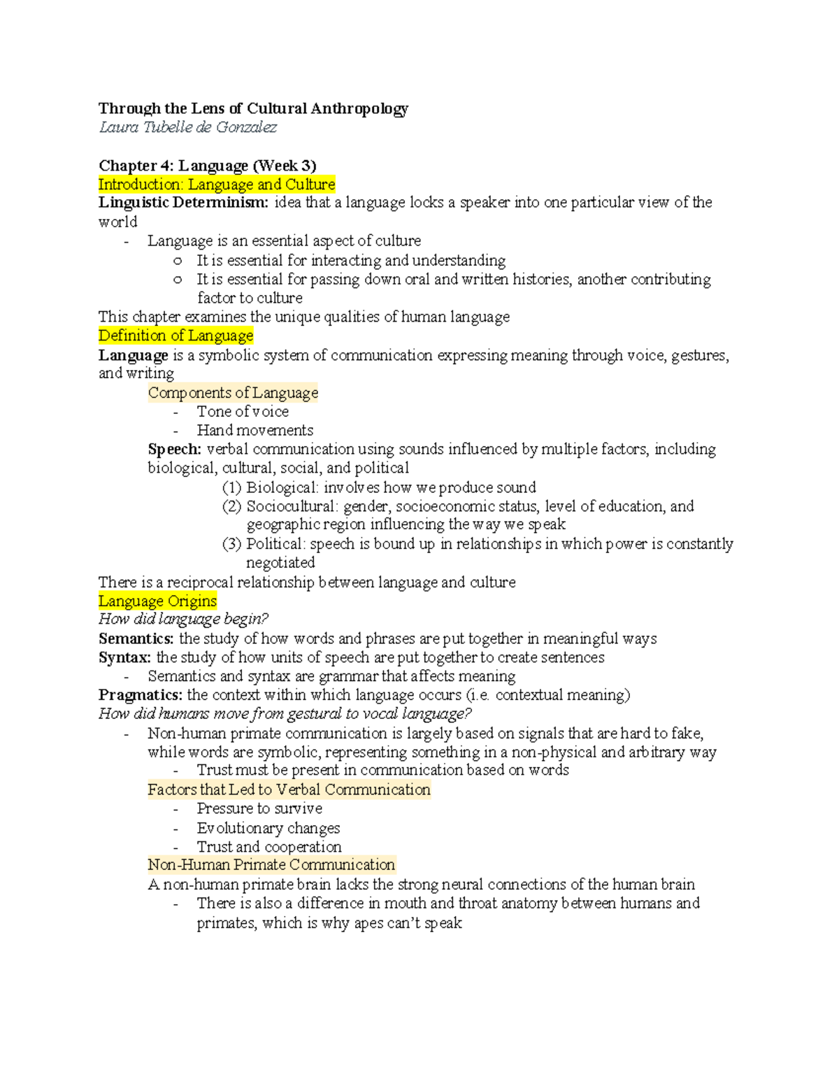 ANTH 2301 Chapter 4 Notes (Language) - Through the Lens of Cultural ...