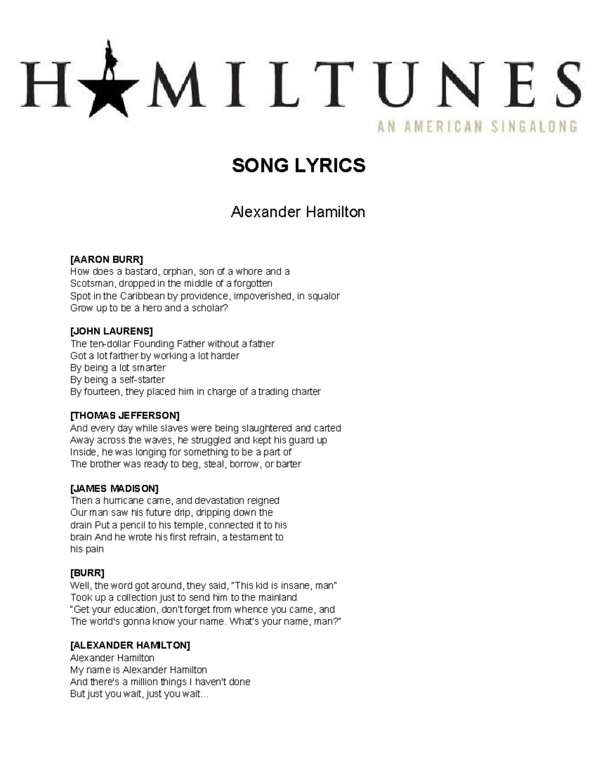 Hamiltunes Song Lyrics 12b159cc3b - SONG LYRICS Alexander Hamilton ...