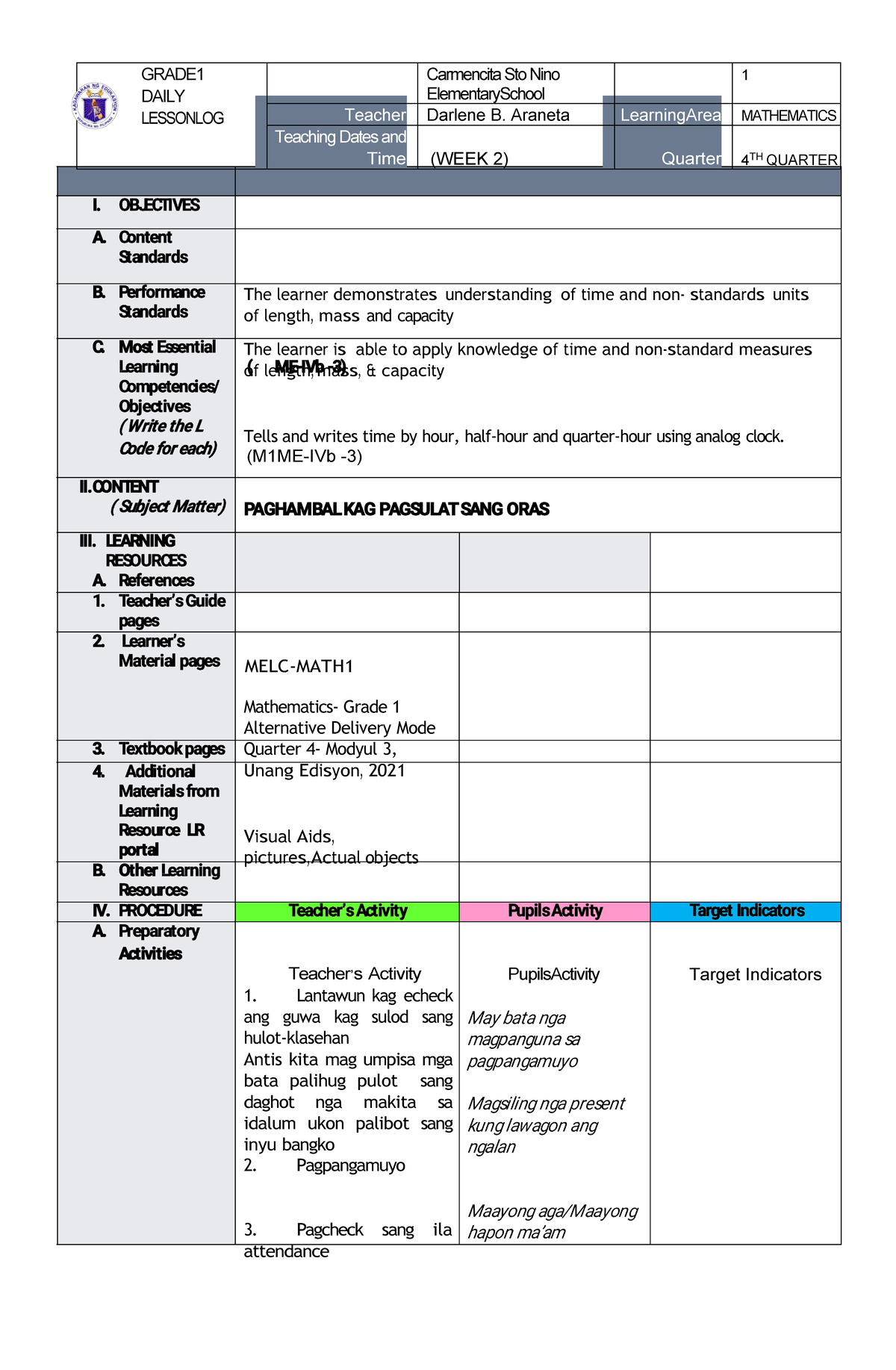 Lesson Plan in Math 11 - The - GRADE DAILY LESSONLOG School: Carmencita ...