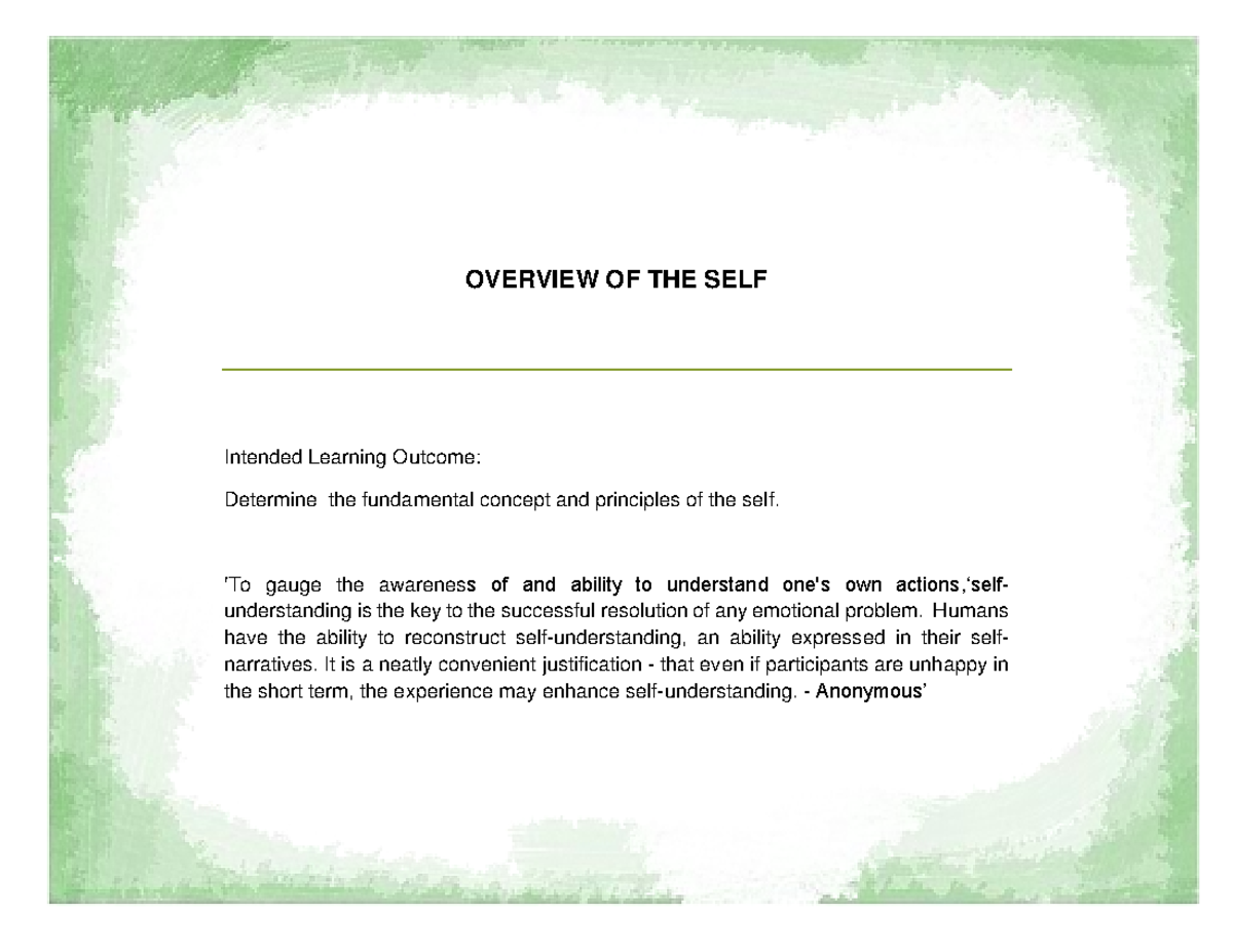 Overview OF THE SELF - Determine the fundamental concept and principles ...