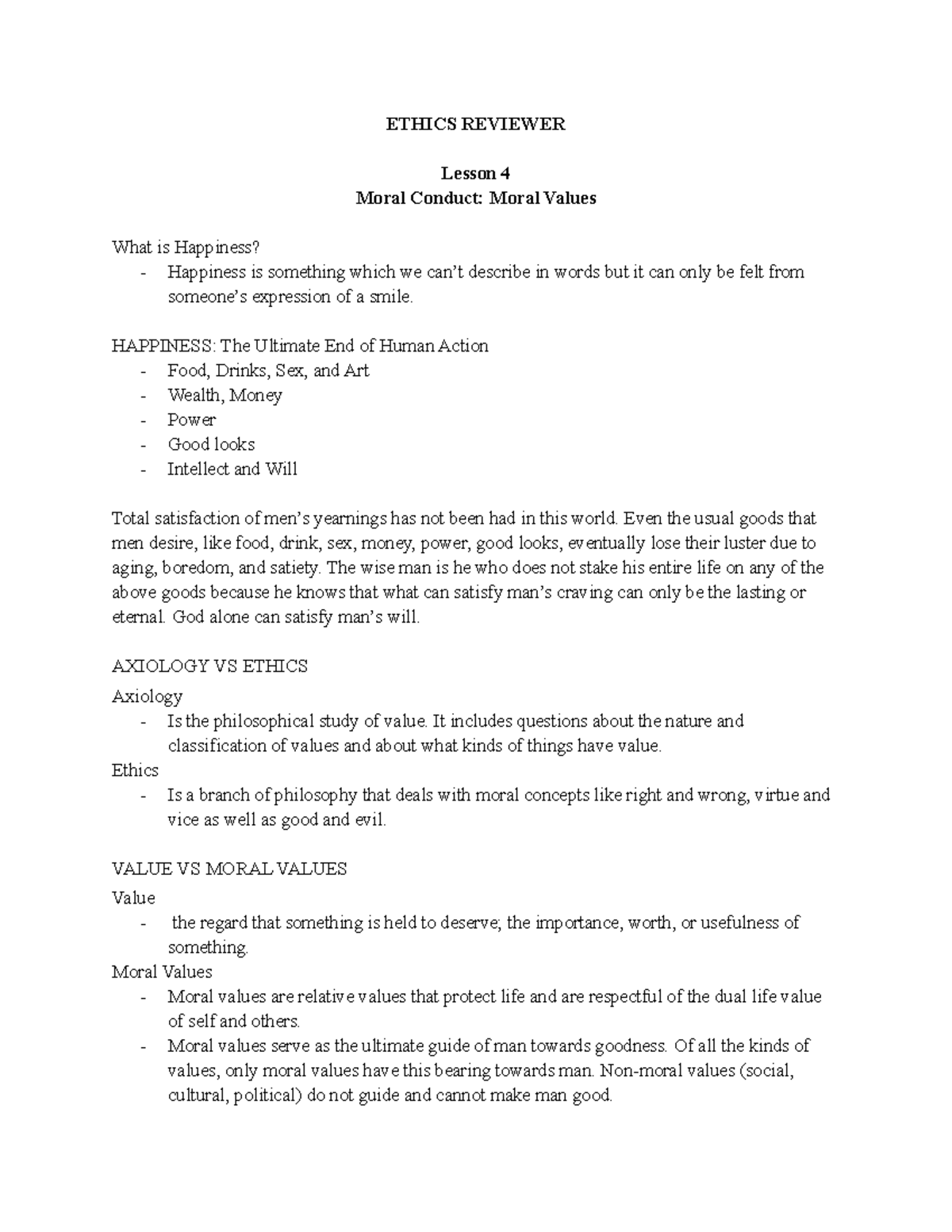 Ethics- Reviewer - ETHICS REVIEWER Lesson 4 Moral Conduct: Moral Values ...