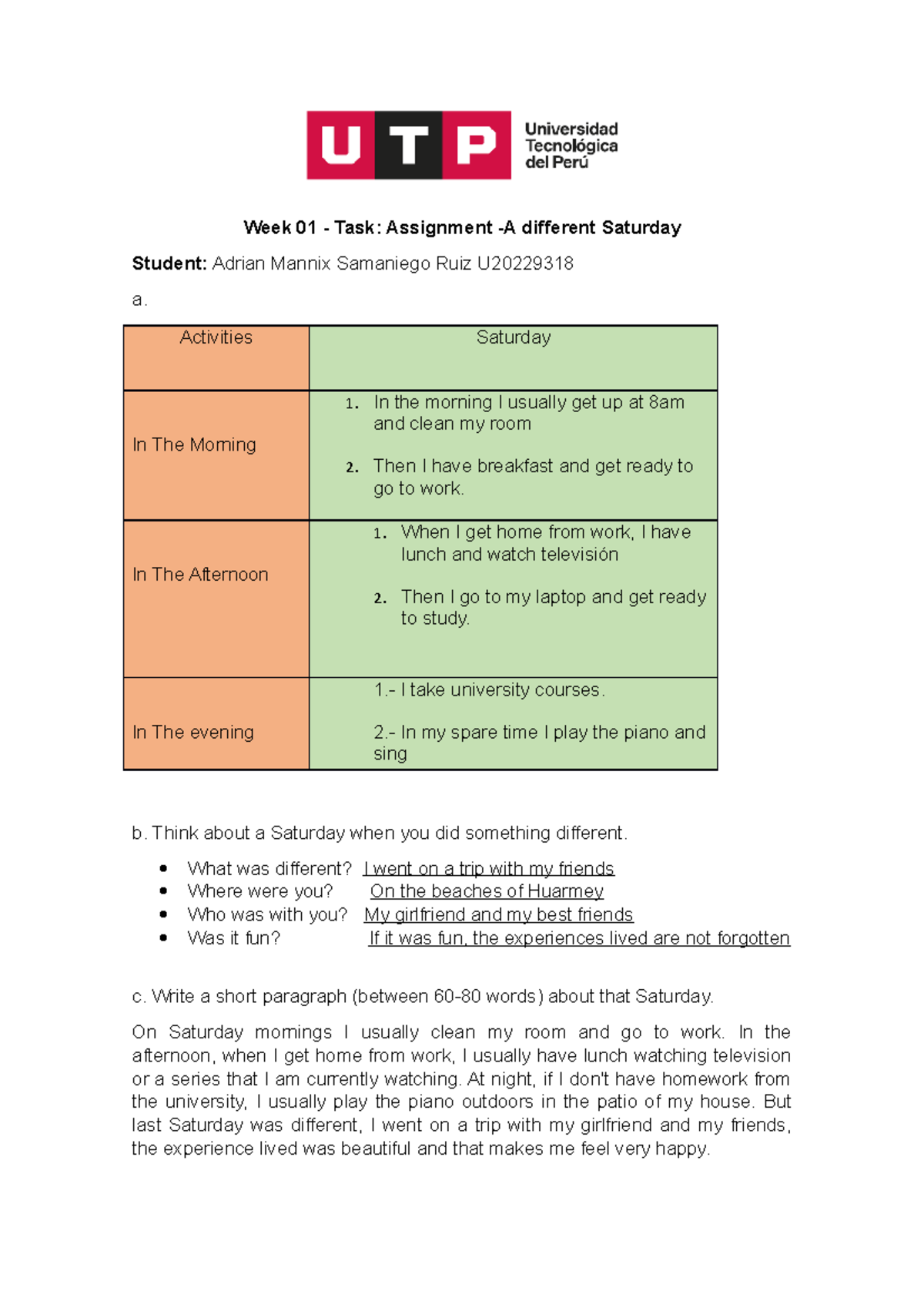 Ingles Week 1 - Week 01 - Task: Assignment -A different Saturday Student: Adrian Mannix ...