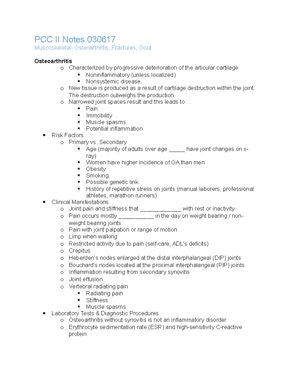 PCC II Notes 030617 1 - PCC II Notes 030617 Muscoskeletal ...