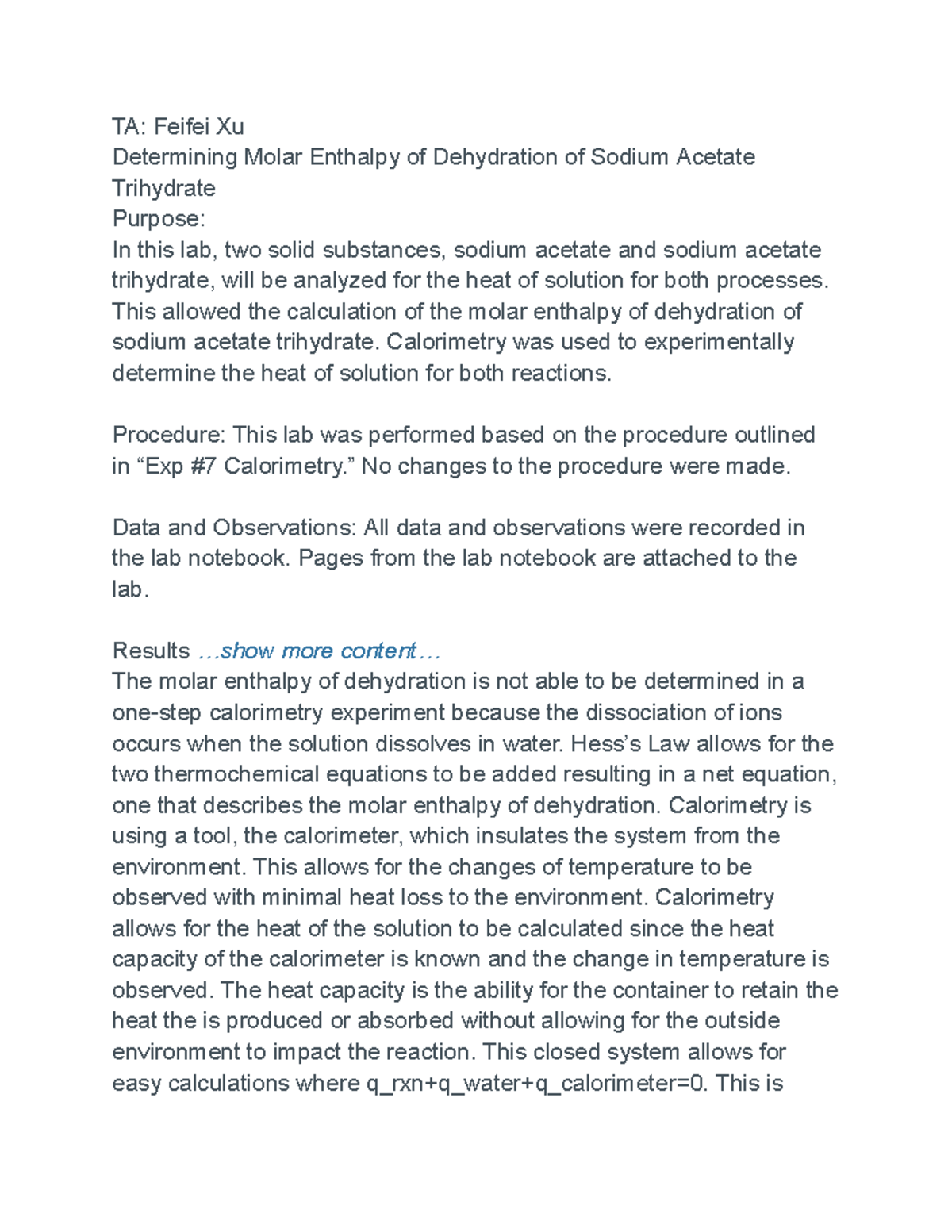 Molar Dehydration Experiment - TA: Feifei Xu Determining Molar Enthalpy of Dehydration of Sodium ...