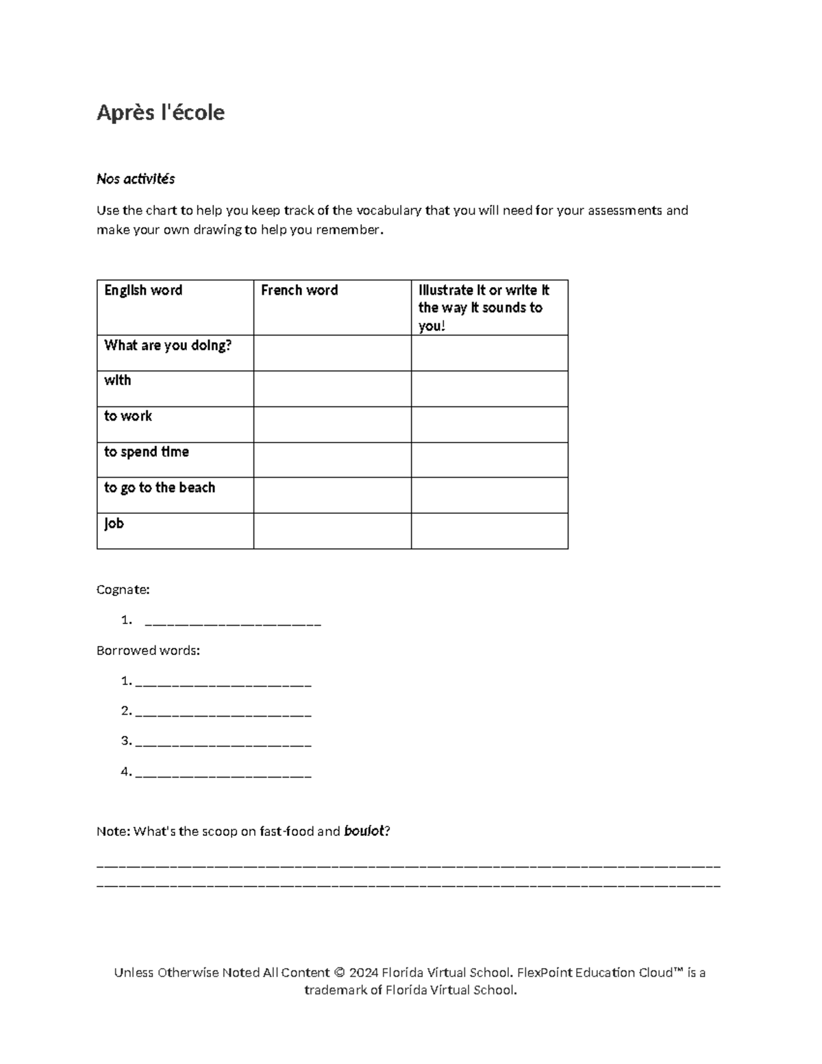 Apres lecole note guide - Après l'école Nos activités Use the chart to ...