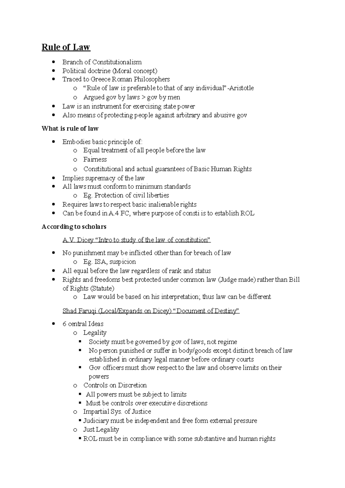 Rule of Law notes defnitions - Rule of Law Branch of Constitutionalism ...