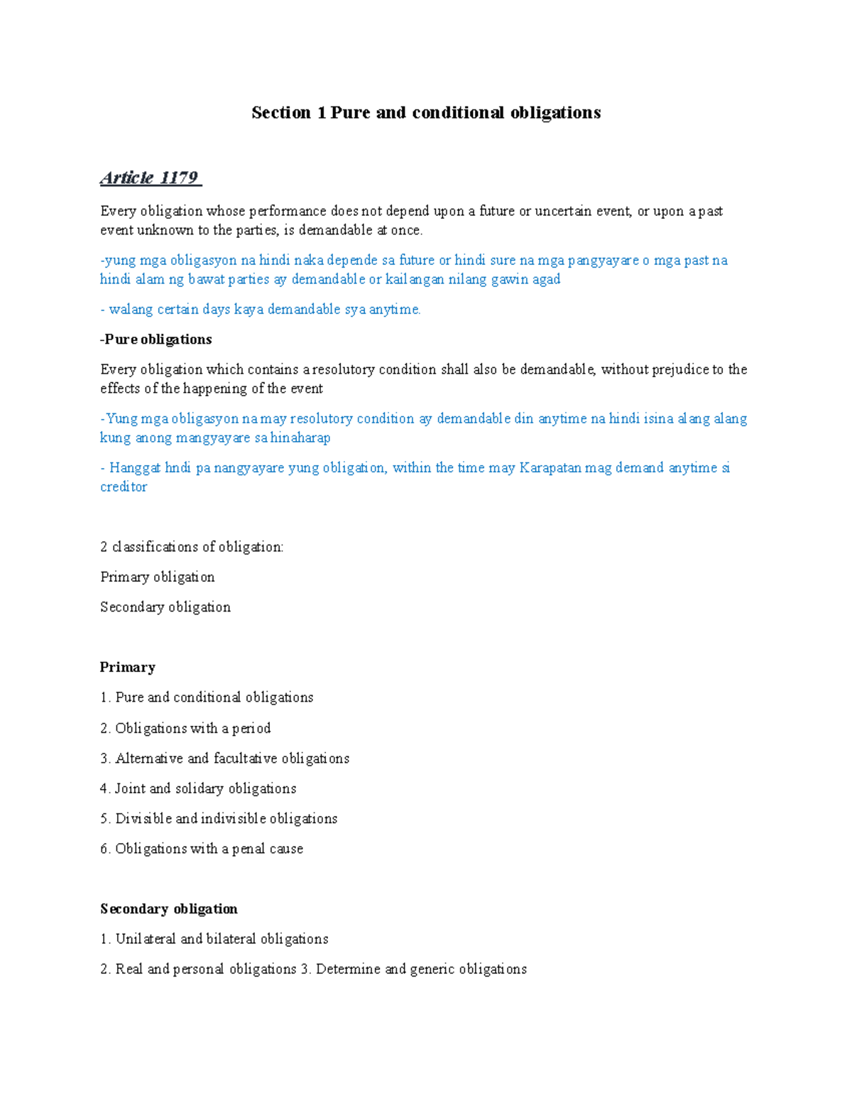Article 1179 1198 edited - Section 1 Pure and conditional obligations ...