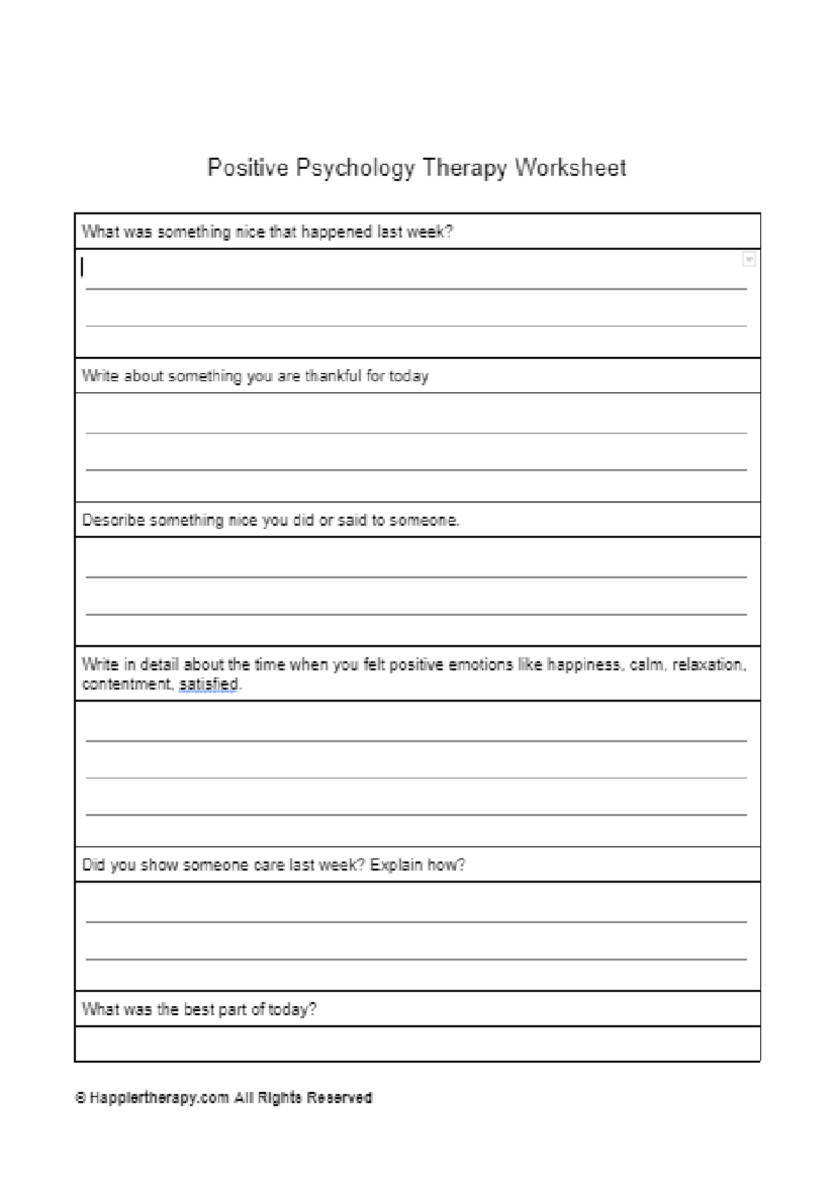 Positive psychology Therapy worksheet - Write in detail about the time ...