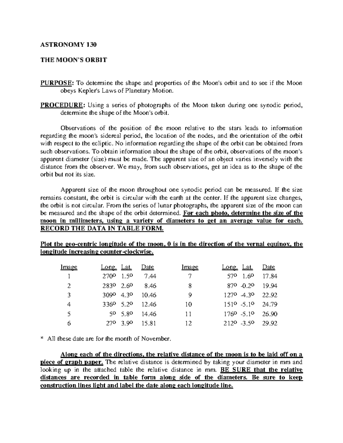 AST130 Moons Orbit - lab 5 - ASTRONOMY 130 THE MOON'S ORBIT PURPOSE: To ...