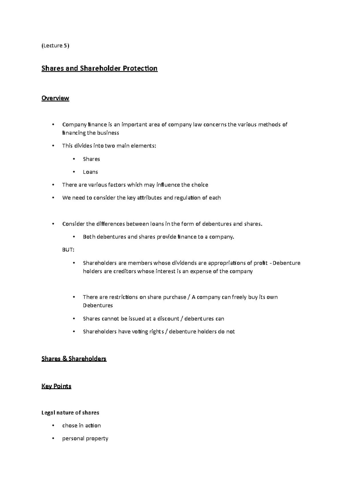 Company Law Lecture 5 - (Lecture 5) Shares and Shareholder Protection ...