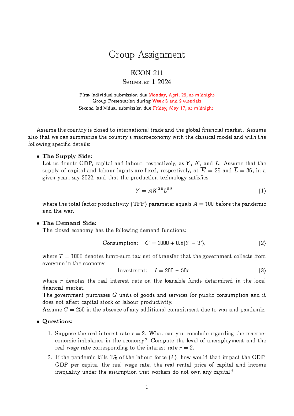 Individual Assignment 1 and 2, and Group Assignment - Group Assignment ECON 211 Semester 1 2024 ...