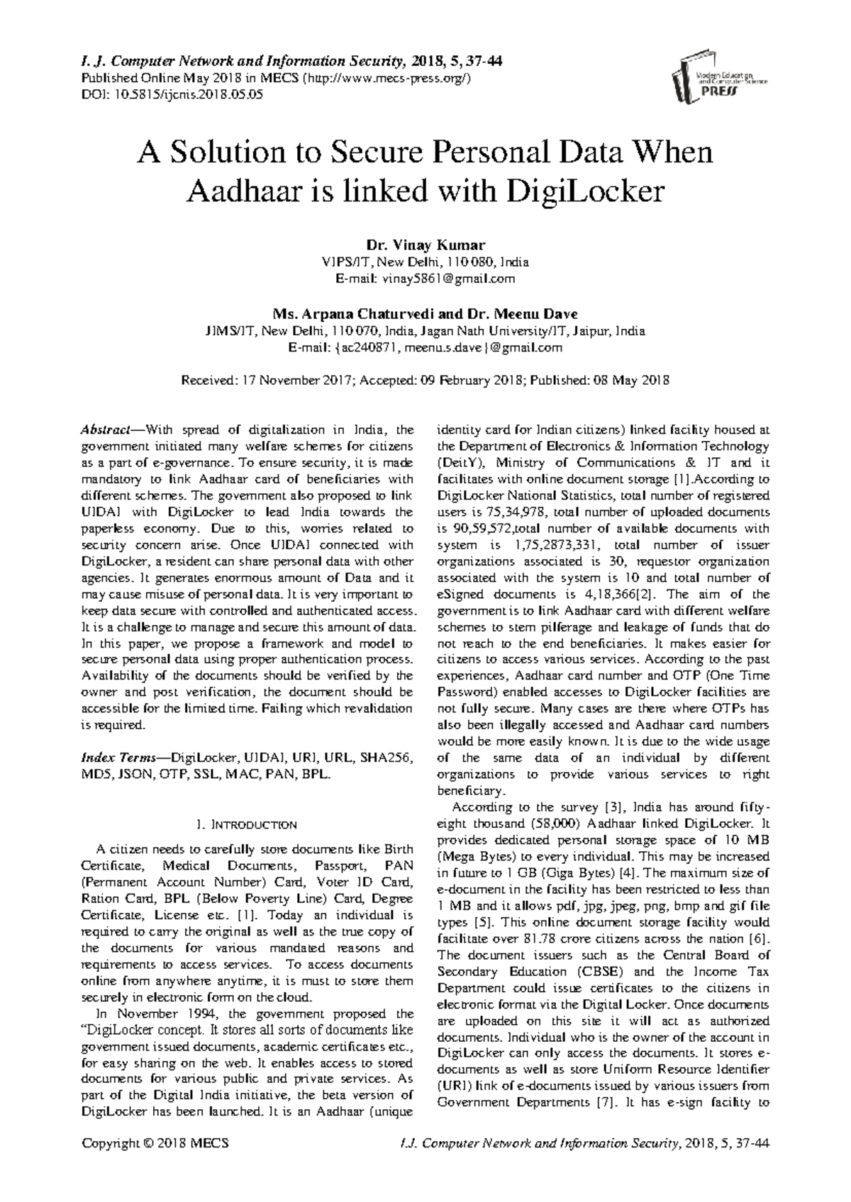 Digilocker 4 - nnn - I. J. Computer Network and Information Security, 2018, 5, 37- Published ...