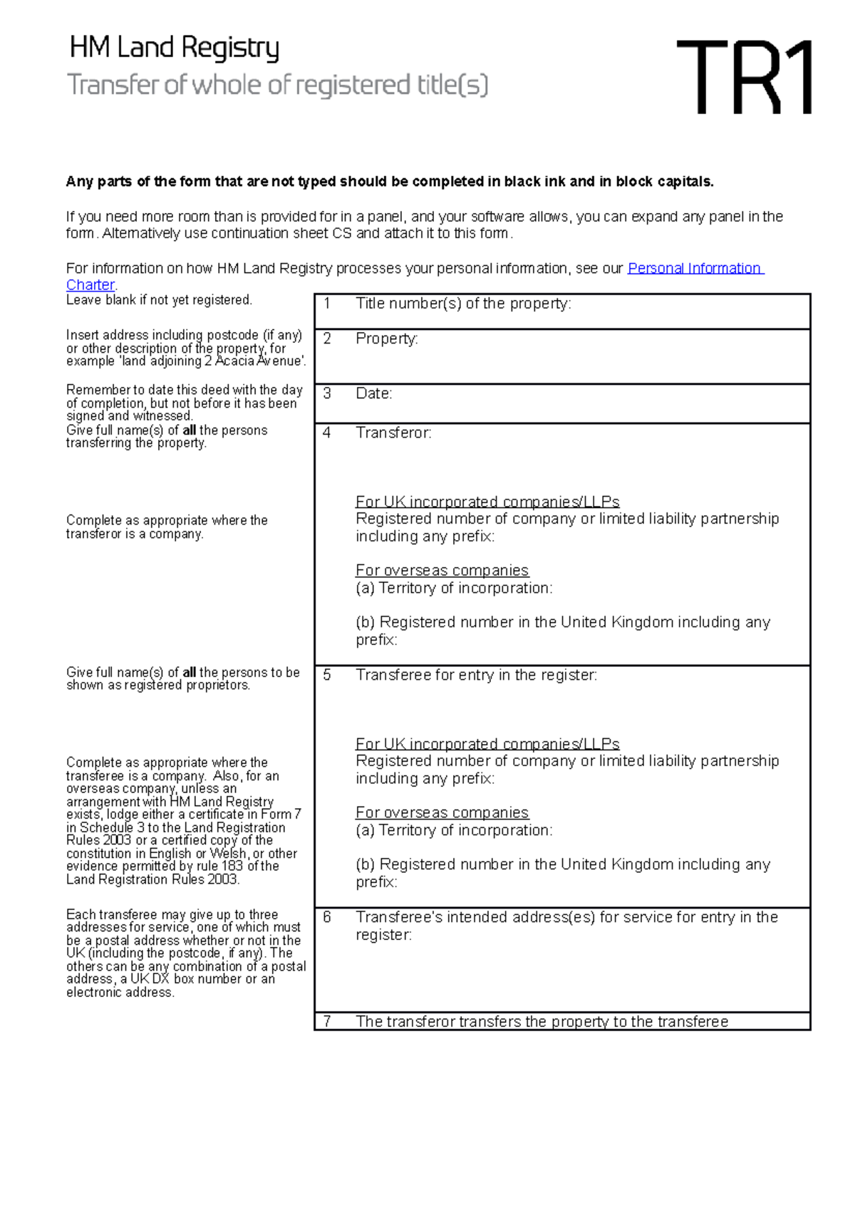 Blank TR1 Form - Any parts of the form that are not typed should be ...