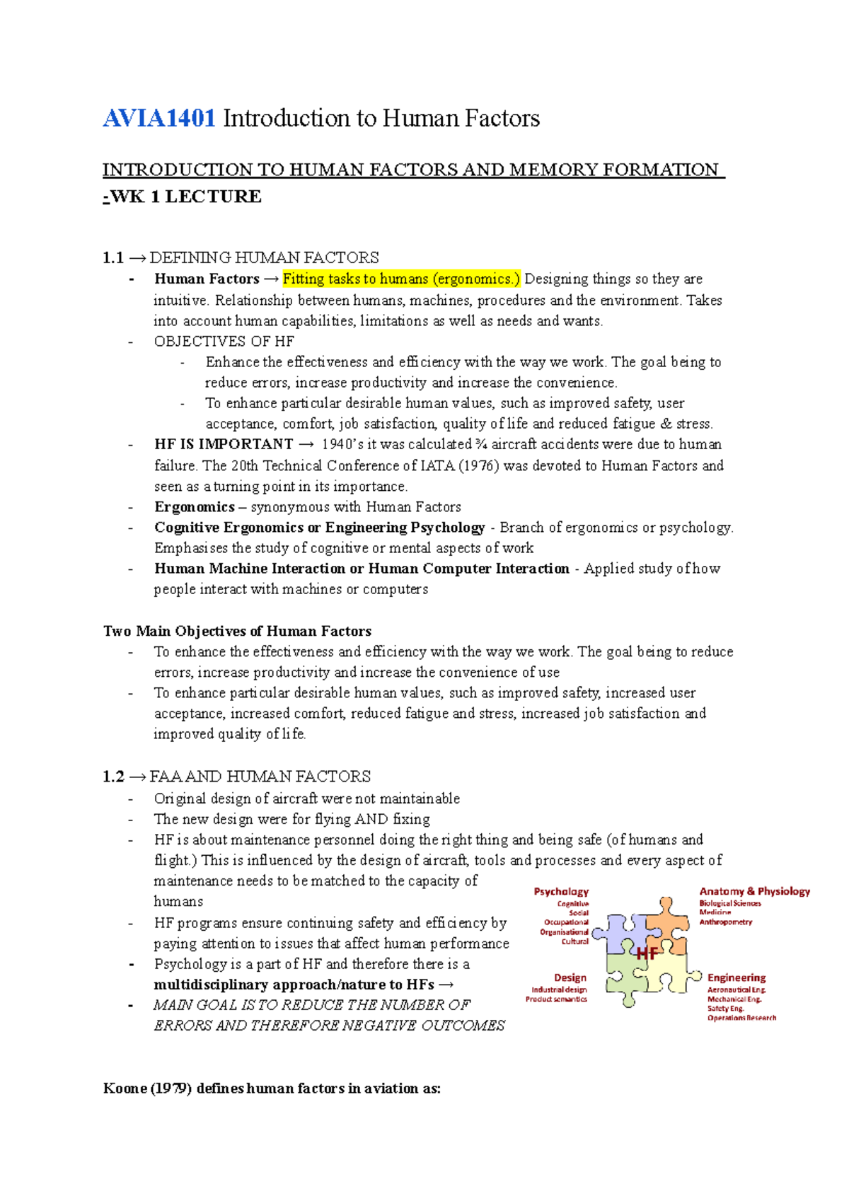 AVIA1401 - notes - AVIA1401 Introduction to Human Factors INTRODUCTION ...