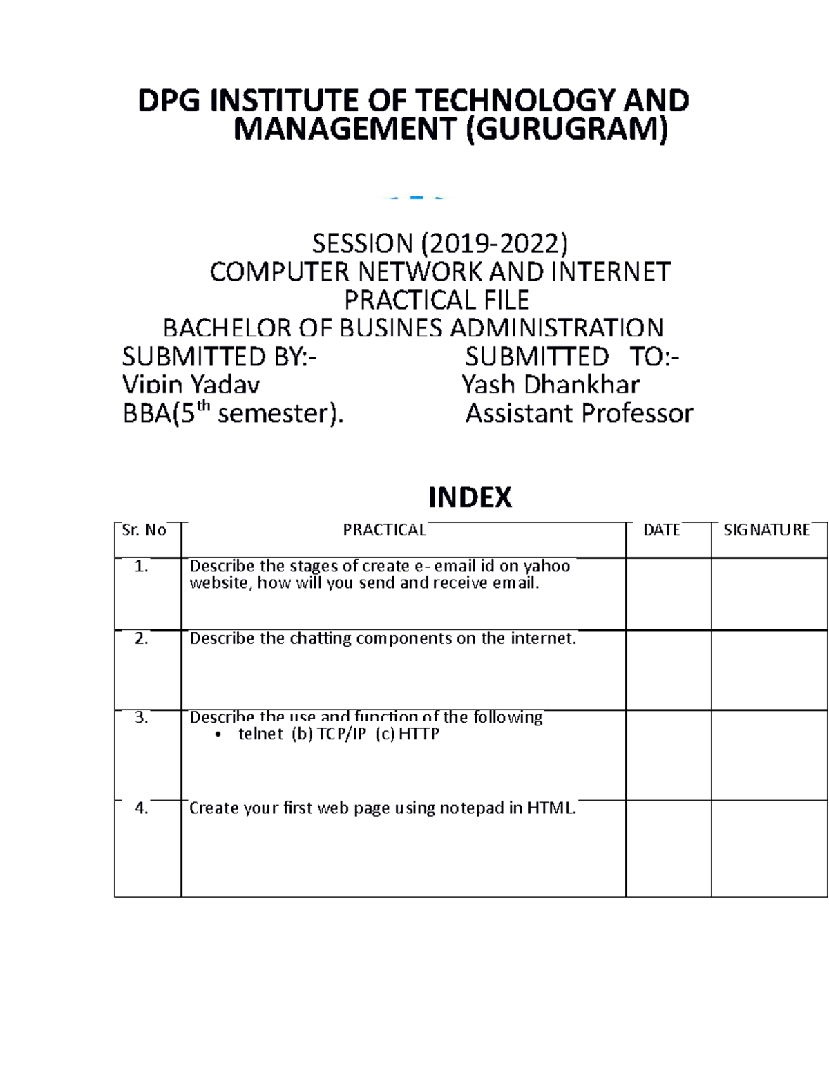 Computer network and internet 5th sem project file - DPG INSTITUTE OF ...