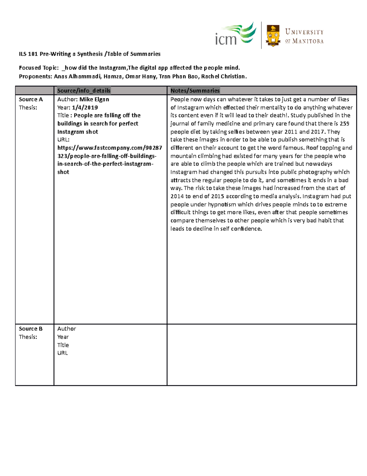 Synthesis Pre-writing Table of Summaries - ILS 101 Pre-Wriing a ...