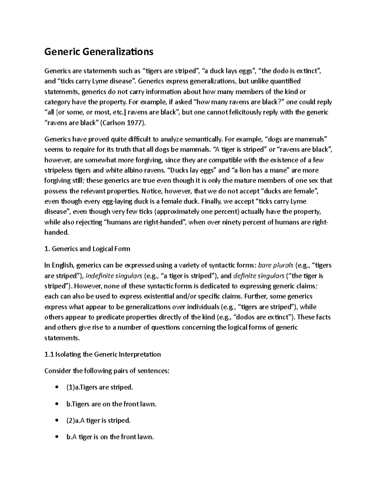 Lecture in Generic Generalizations - Generic Generalizations Generics ...