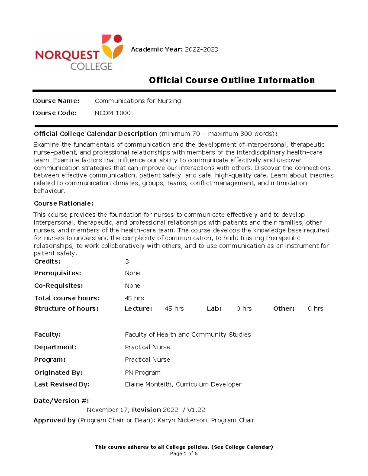 NCOM 1000 Course Outline V1.22 23 - This course adheres to all College ...