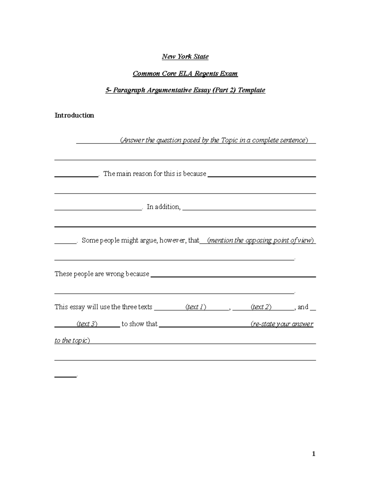 5Paragraph Argumentative Essay Template-1 - New York State Common Core ...