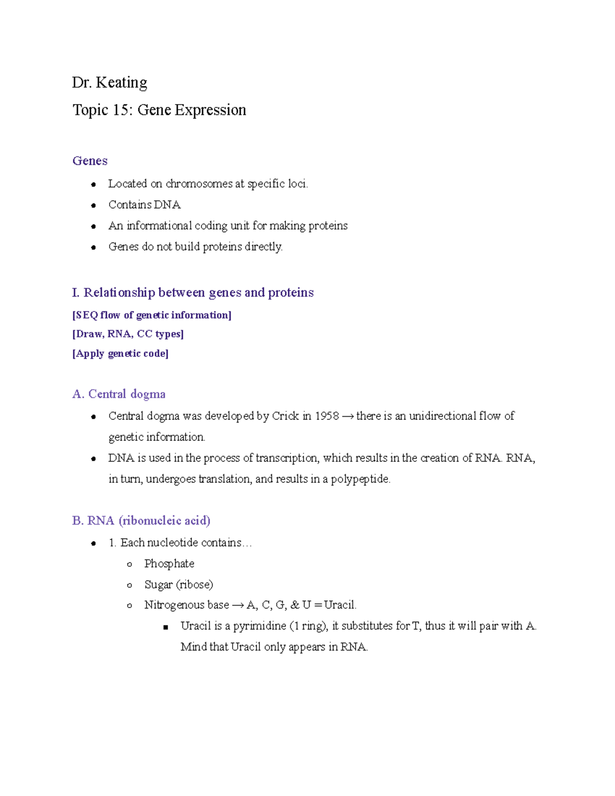 Lecture 15 - Gene Expression - Dr. Keating Topic 15: Gene Expression ...
