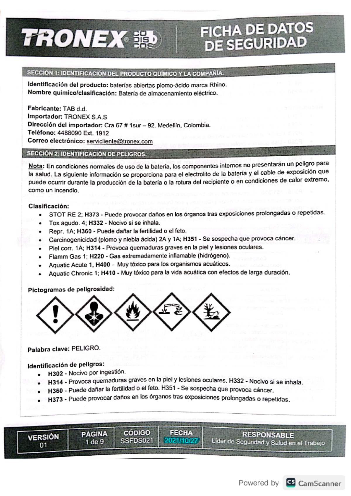 Batería Plomo Tronex - hoja de seguridad - TRONEX CO FICHA DE DATOS DE SEGURIDAD SECCIÓN 1 ...