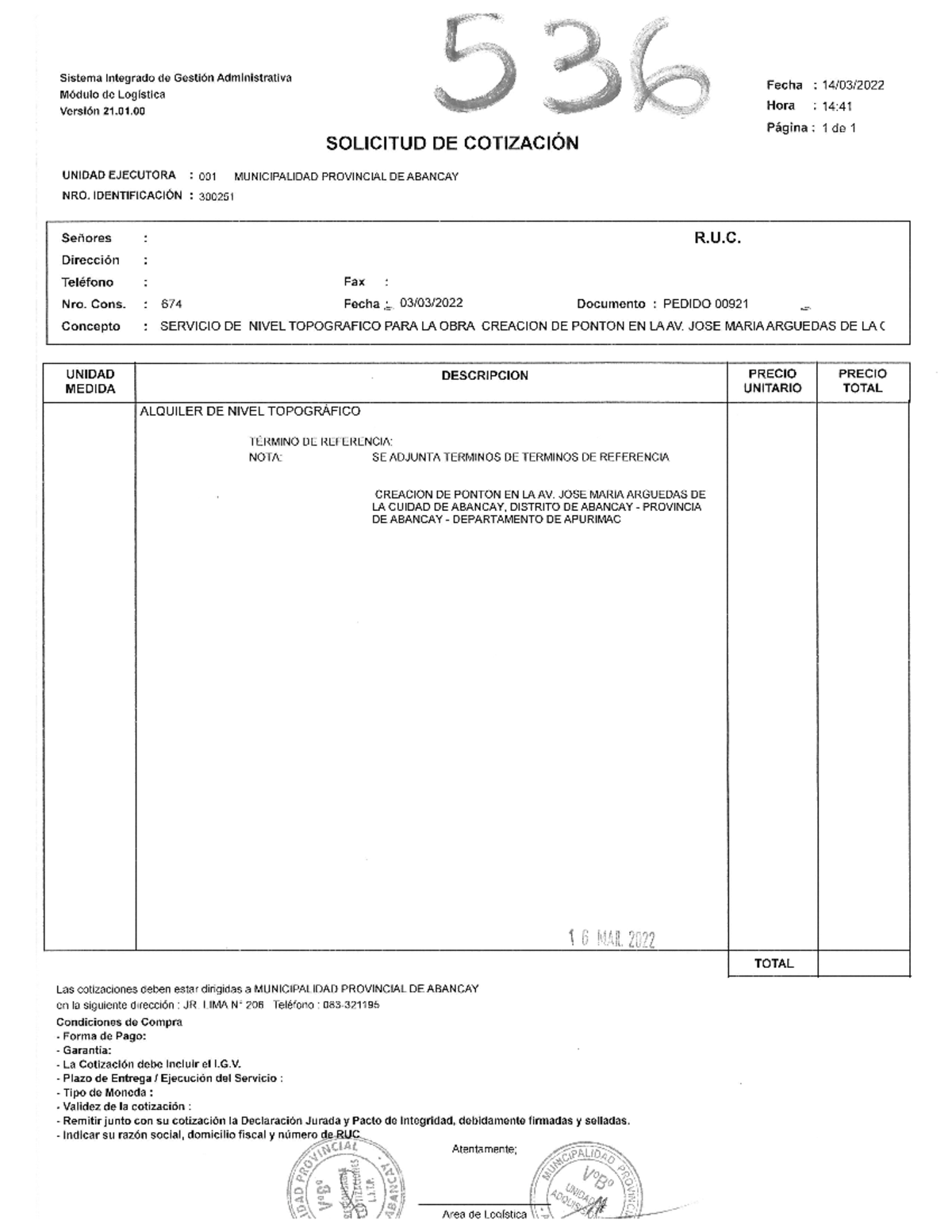 MODELO DE SOLICITUD DE COTIZACION PARA PROCESOS ADMINISTRTIVOS ...