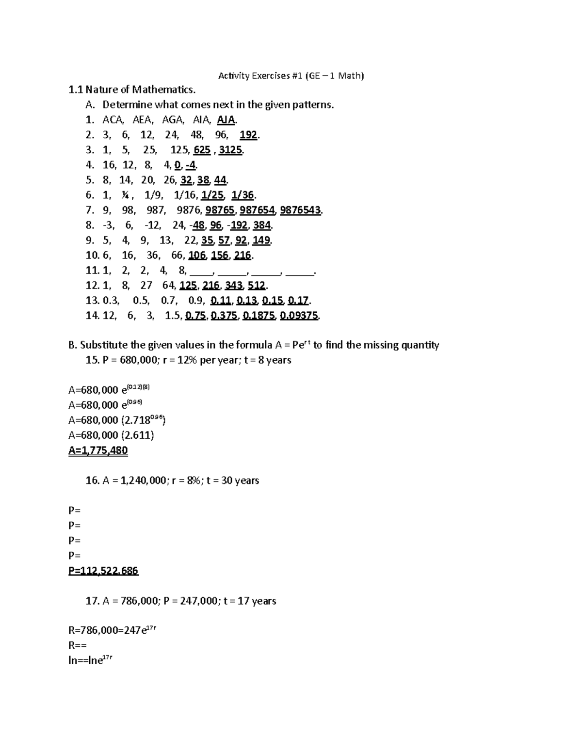 Chapter 1 Activity Exercises (GE -1 Math) - Activity Exercises #1 (GE – 1 Math) 1 Nature of ...