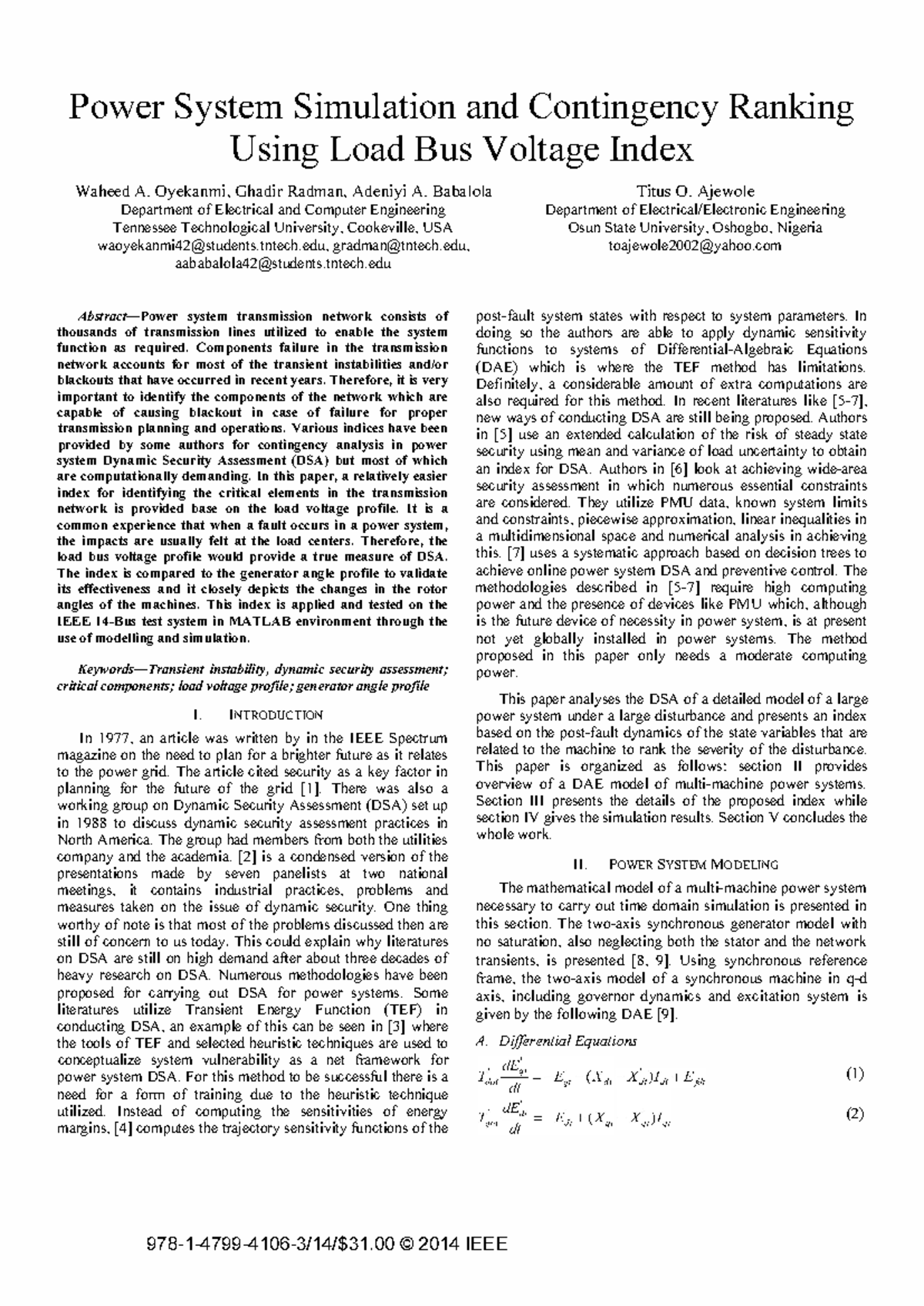 1.Power System Simulation and Contingency Ranking - Oyekanmi, Ghadir ...