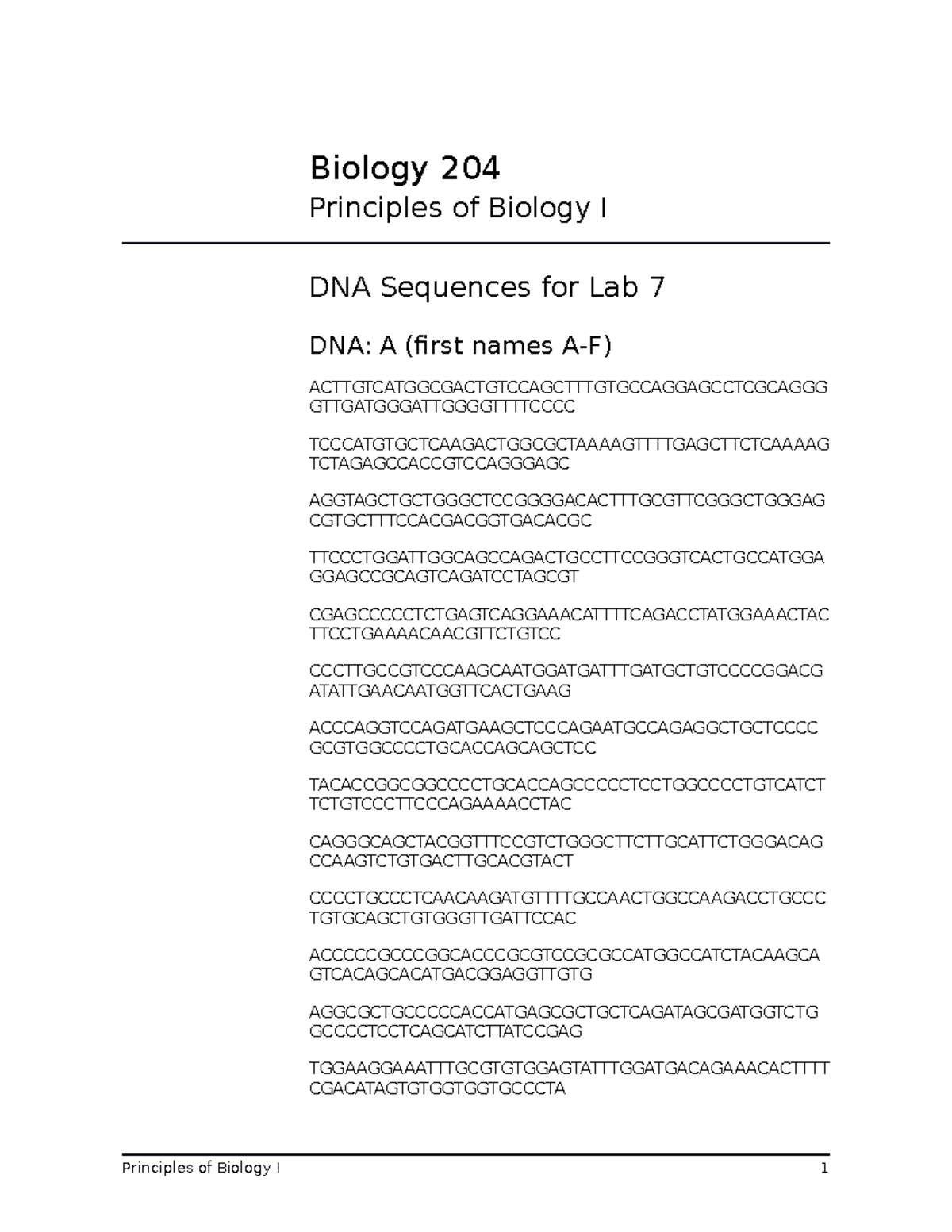Dna seq - n/a - Biology 204 Principles of Biology I DNA Sequences for ...