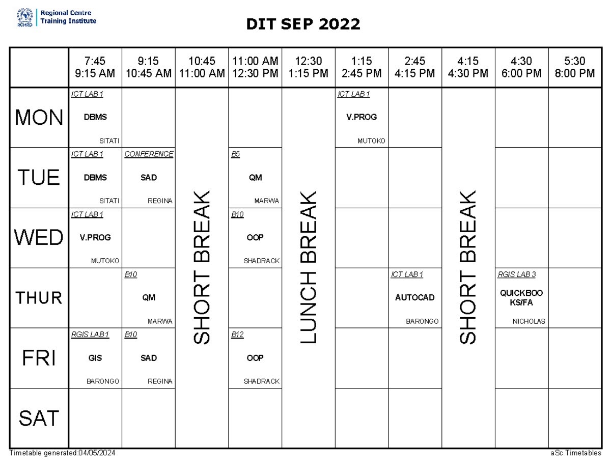 DIT SEP 2022 - notes - Timetable generated:04/05/2024 aSc Timetables ...