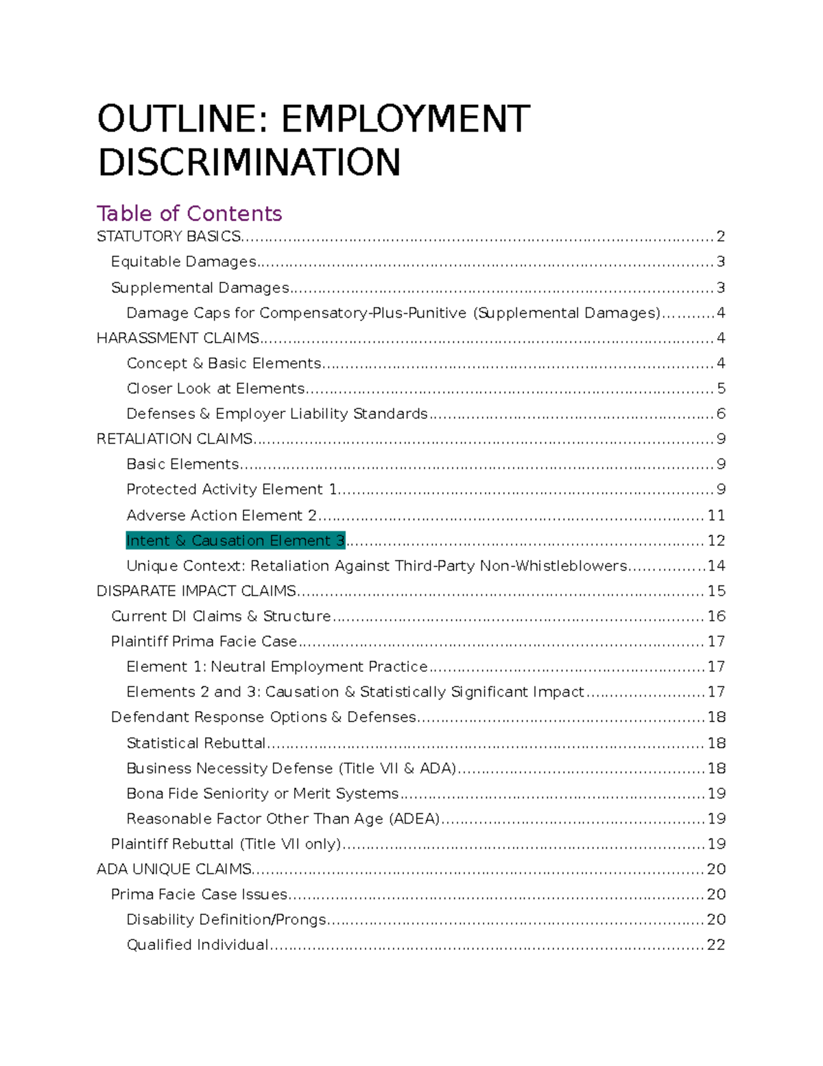 Employment Discrimination Outline Outline Employment Discrimination