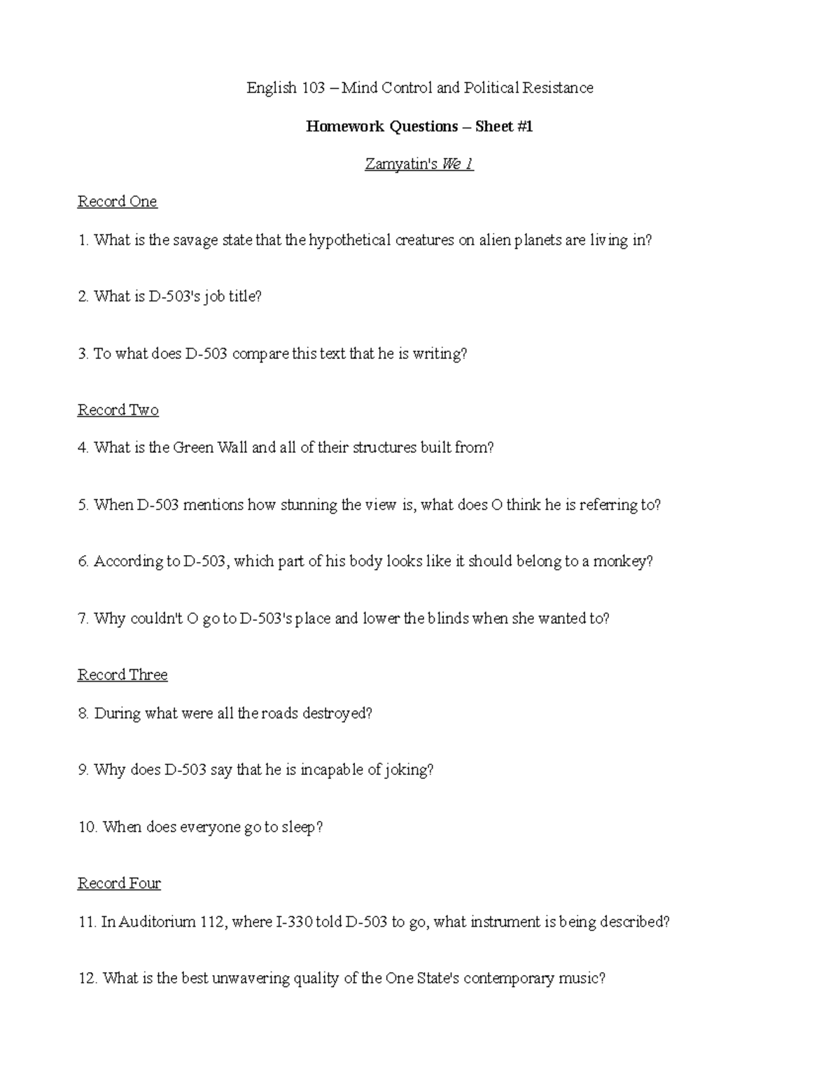 1 We 1 - questions about the book WE - English 103 – Mind Control and ...