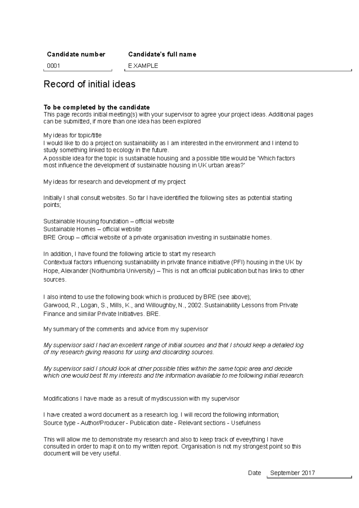 Record of Initial Ideas - Annotated Exemplar - Candidate number ...