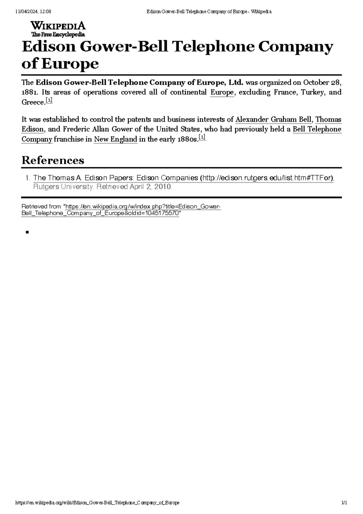 Edison Gower-Bell Telephone Company of Europe - Wikipedia - - Studocu