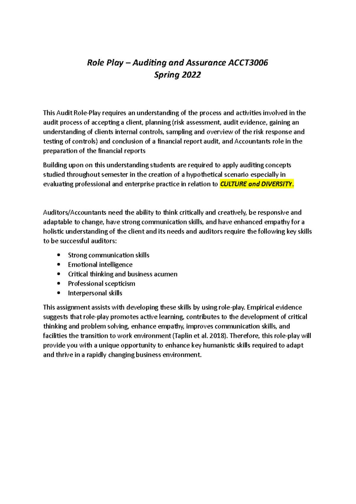 Assignment Role Play - notes - Role Play – Auditing and Assurance ACCT ...