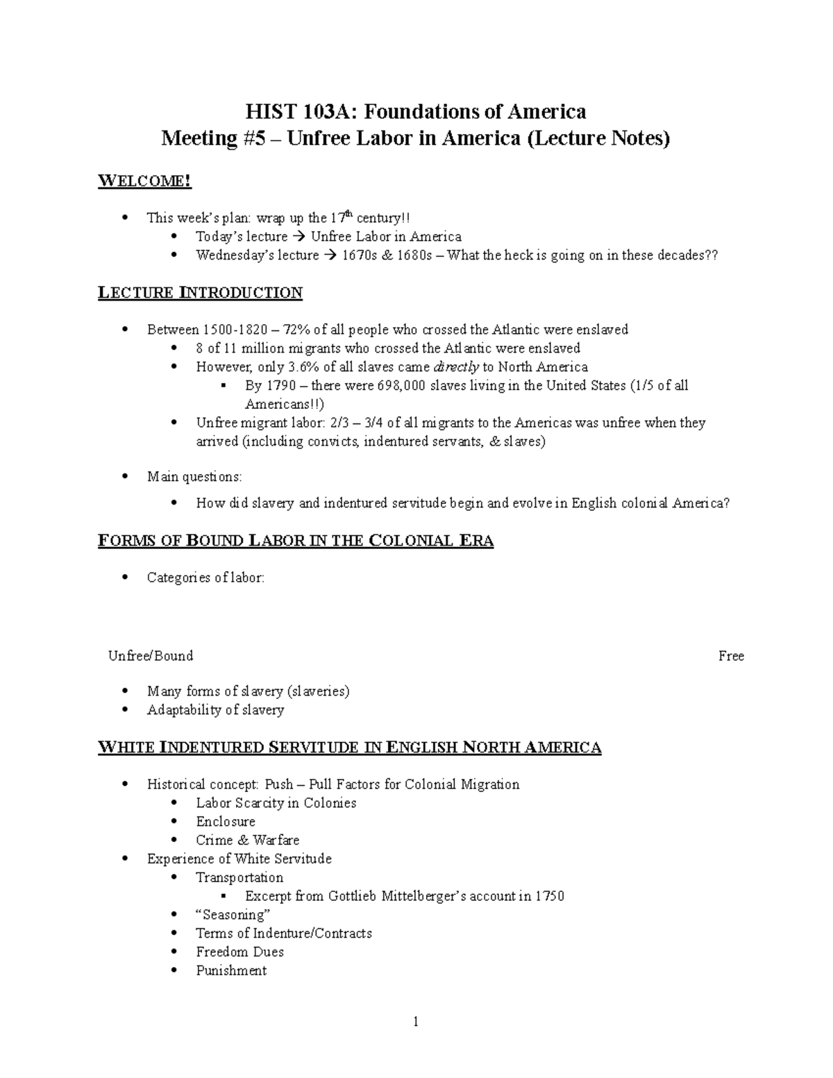 FA #05 - Unfree Labor in America (Lecture Outline) - HIST 103A ...