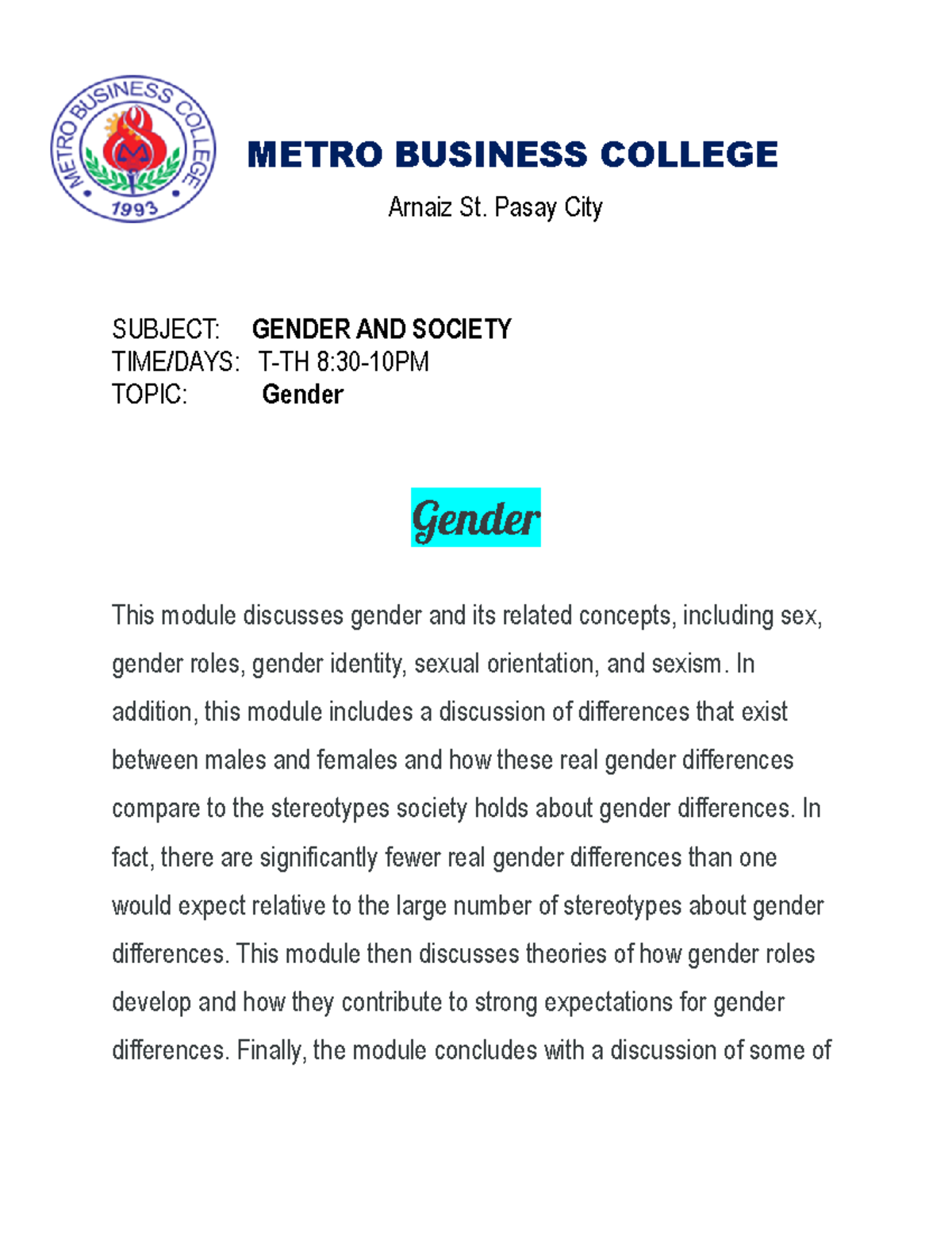 Gender Introduction TO Psychology - METRO BUSINESS COLLEGE Arnaiz St ...