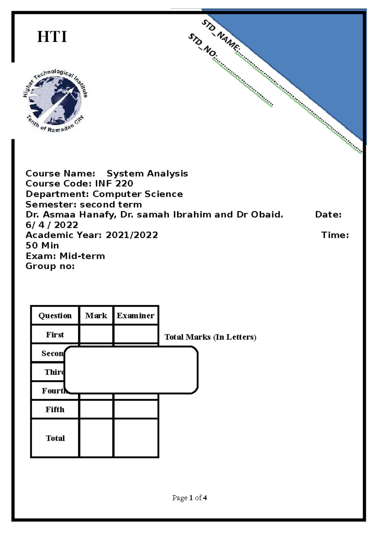 Mid exam analysis 2022 - Mid term - HTI Course Name: System Analysis Course Code: INF 220 - Studocu