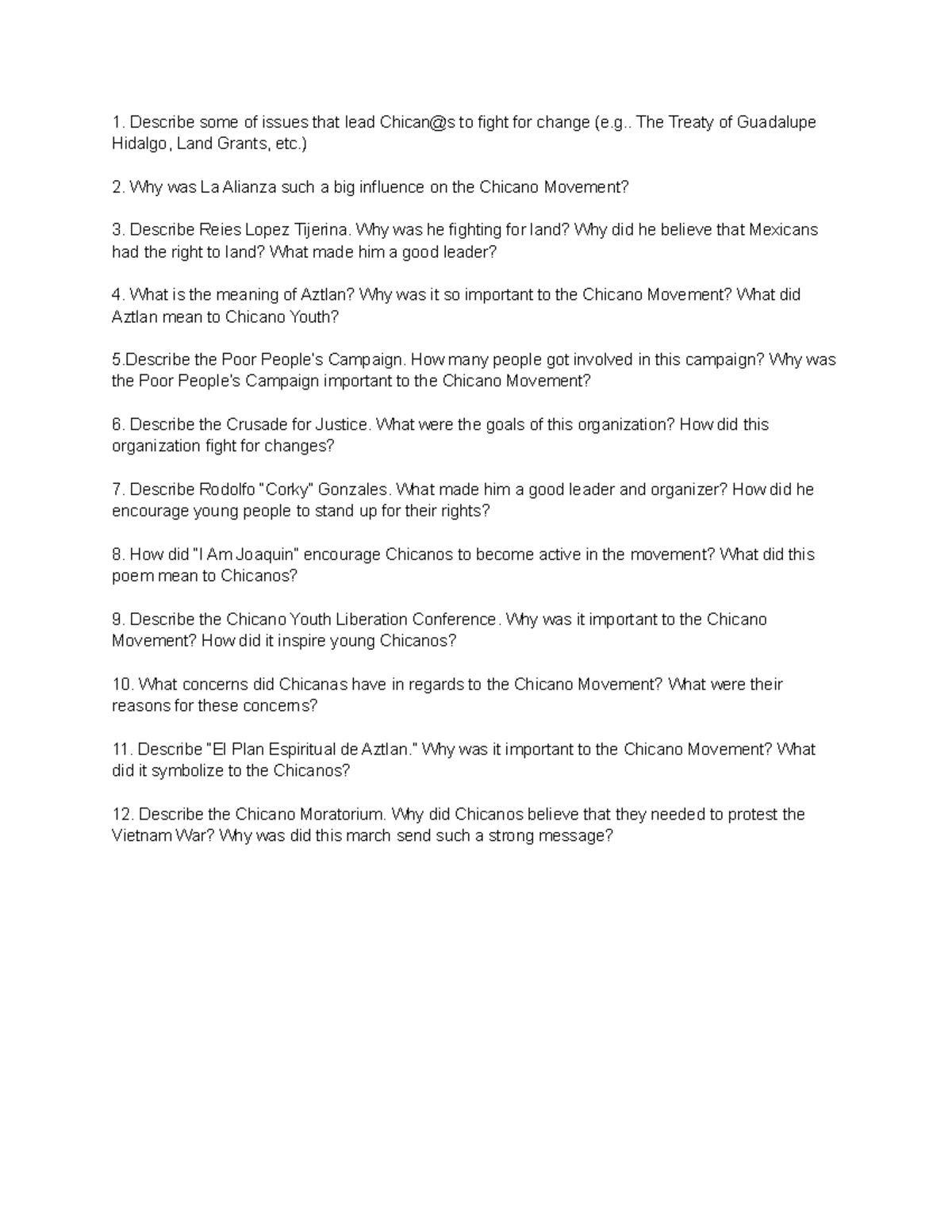 Assigned Documentary Questions- Chicano Movement - Describe some of ...