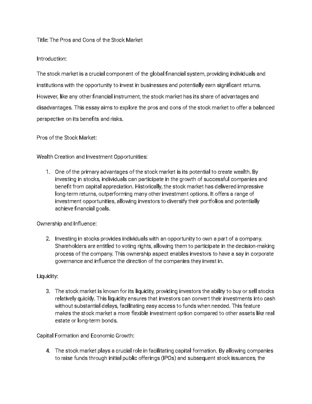 Pros and Cons of the Stock Market - Studocu