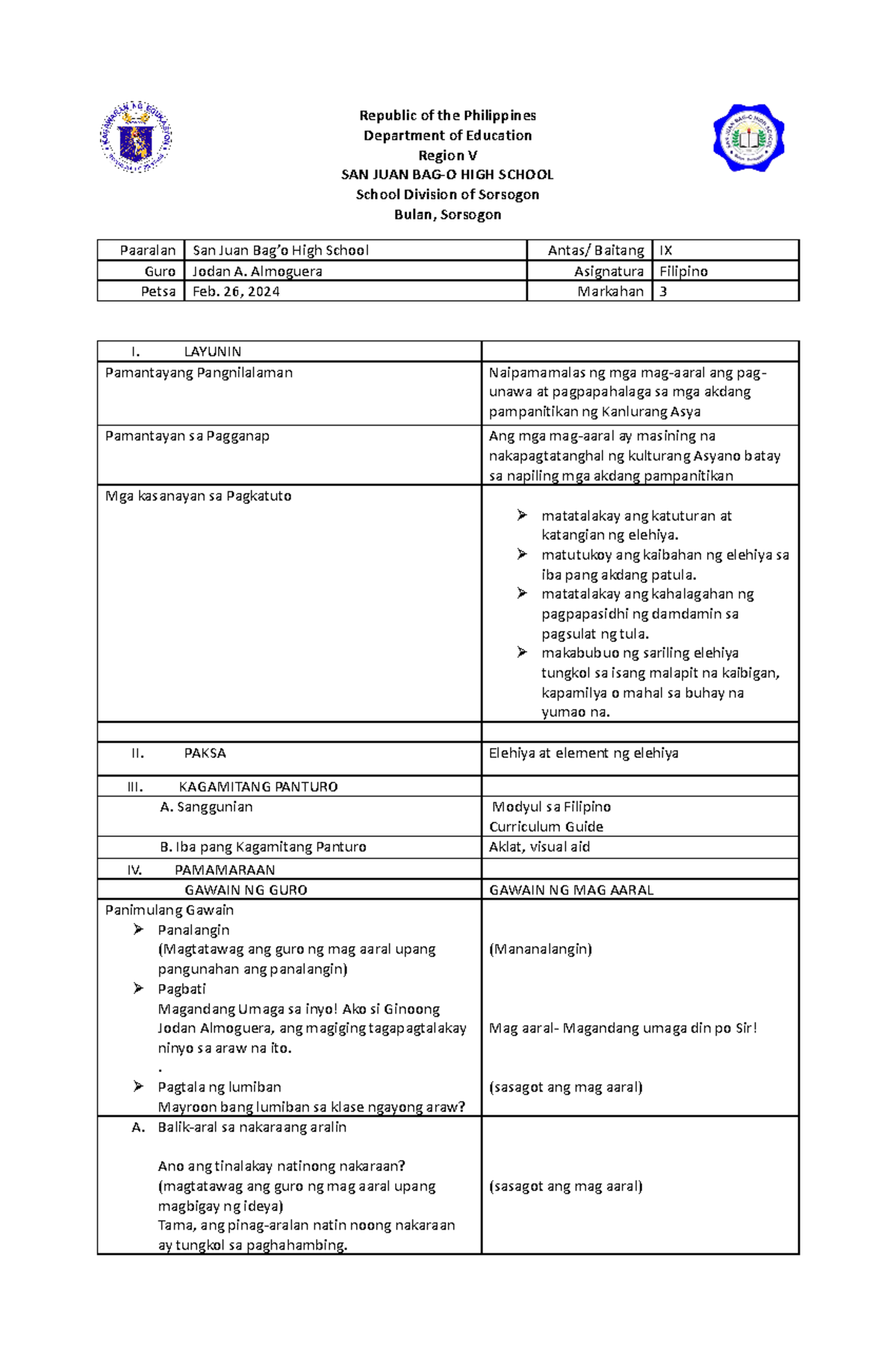 Elehiya lp - Republic of the Philippines Department of Education Region ...